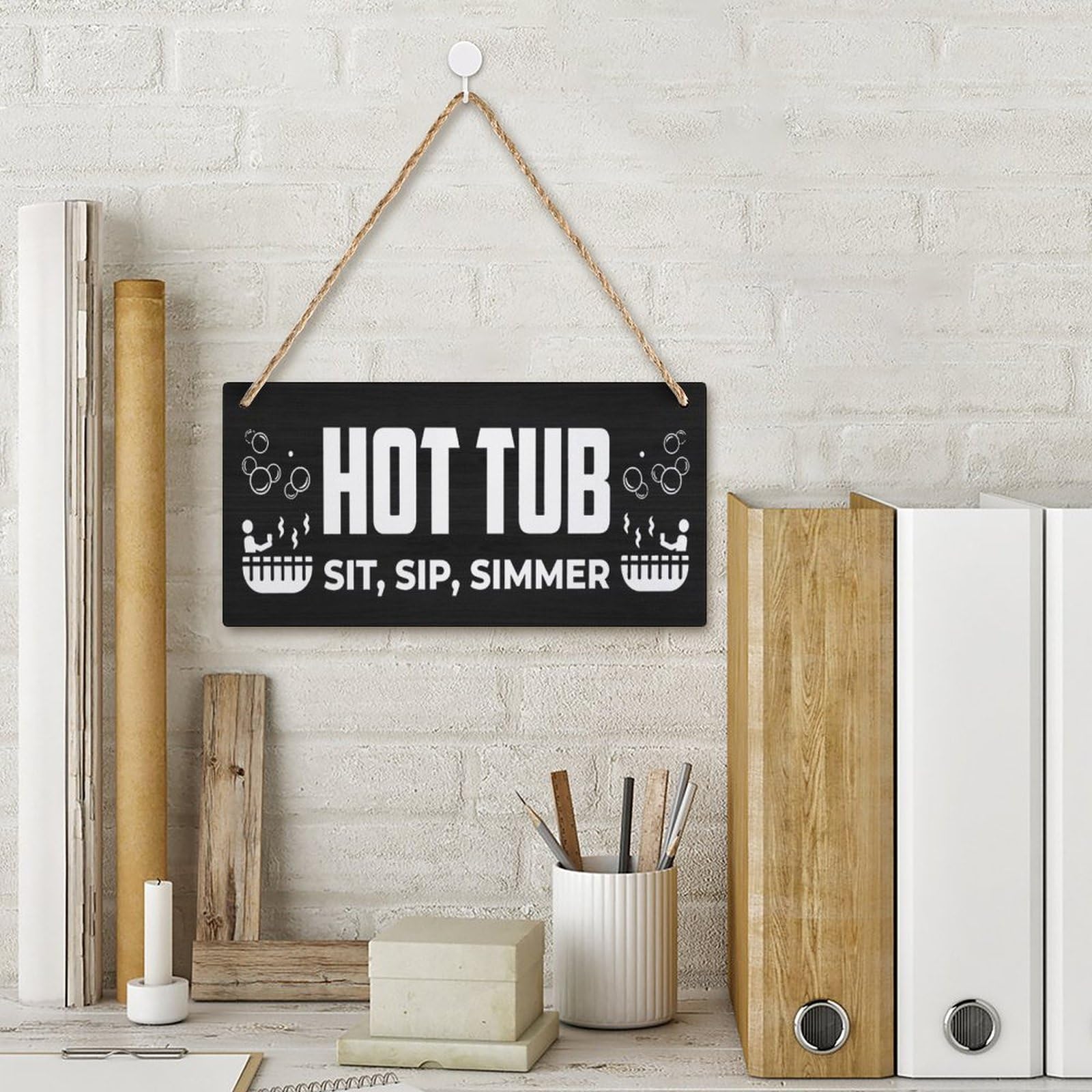 Hot Tub Sit Sip Simmer Wooden Hanging Sign Plaque Rustic Wall Art Decor For Home Decoration 12 X 6 Inches