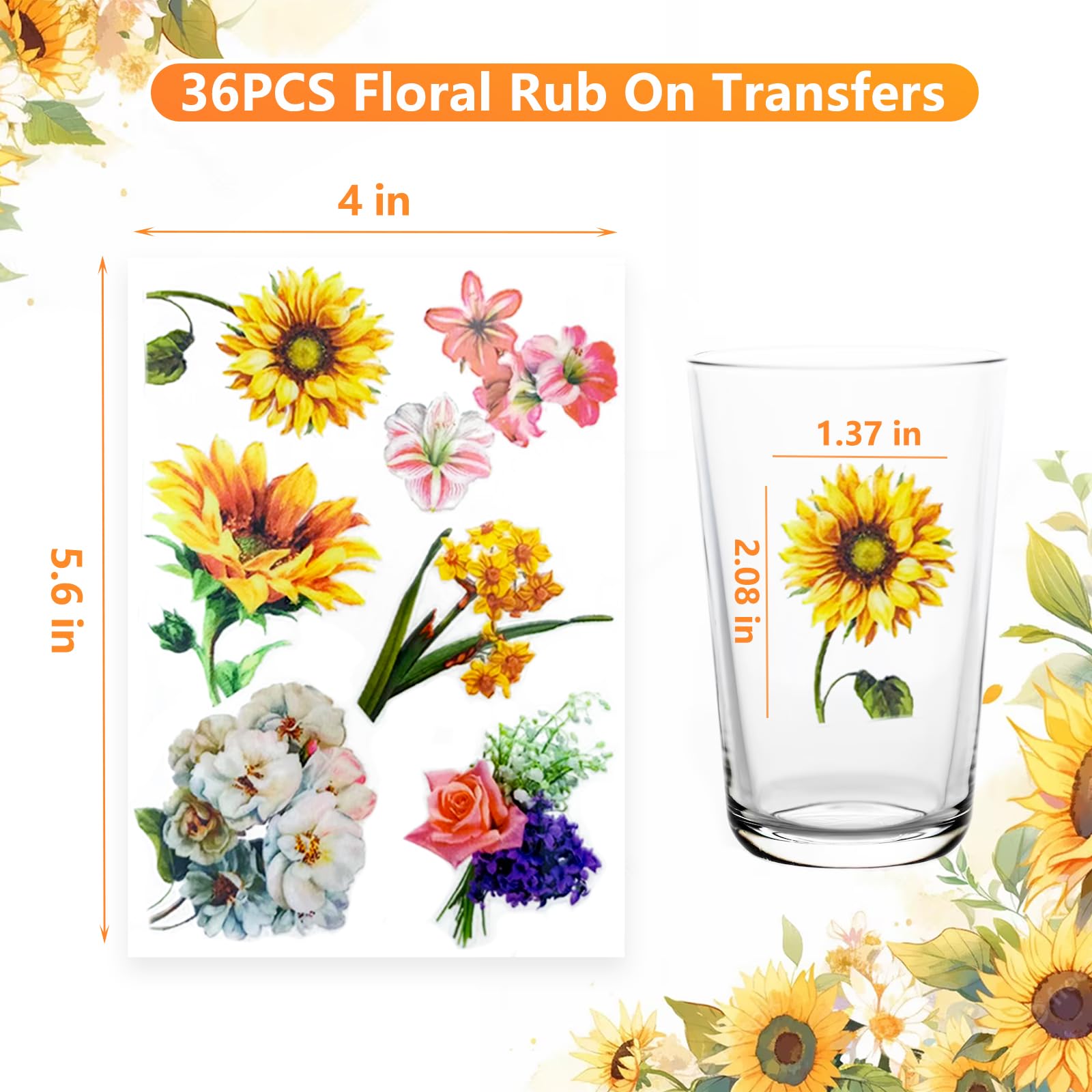 6 Sheets Floral Rub On Transfers for Crafts, 5.5 x 4 Inch Rub On Transfers Stickers, Flower Rub-On Transfers Decals for DIY Wood Paper Water Bottle