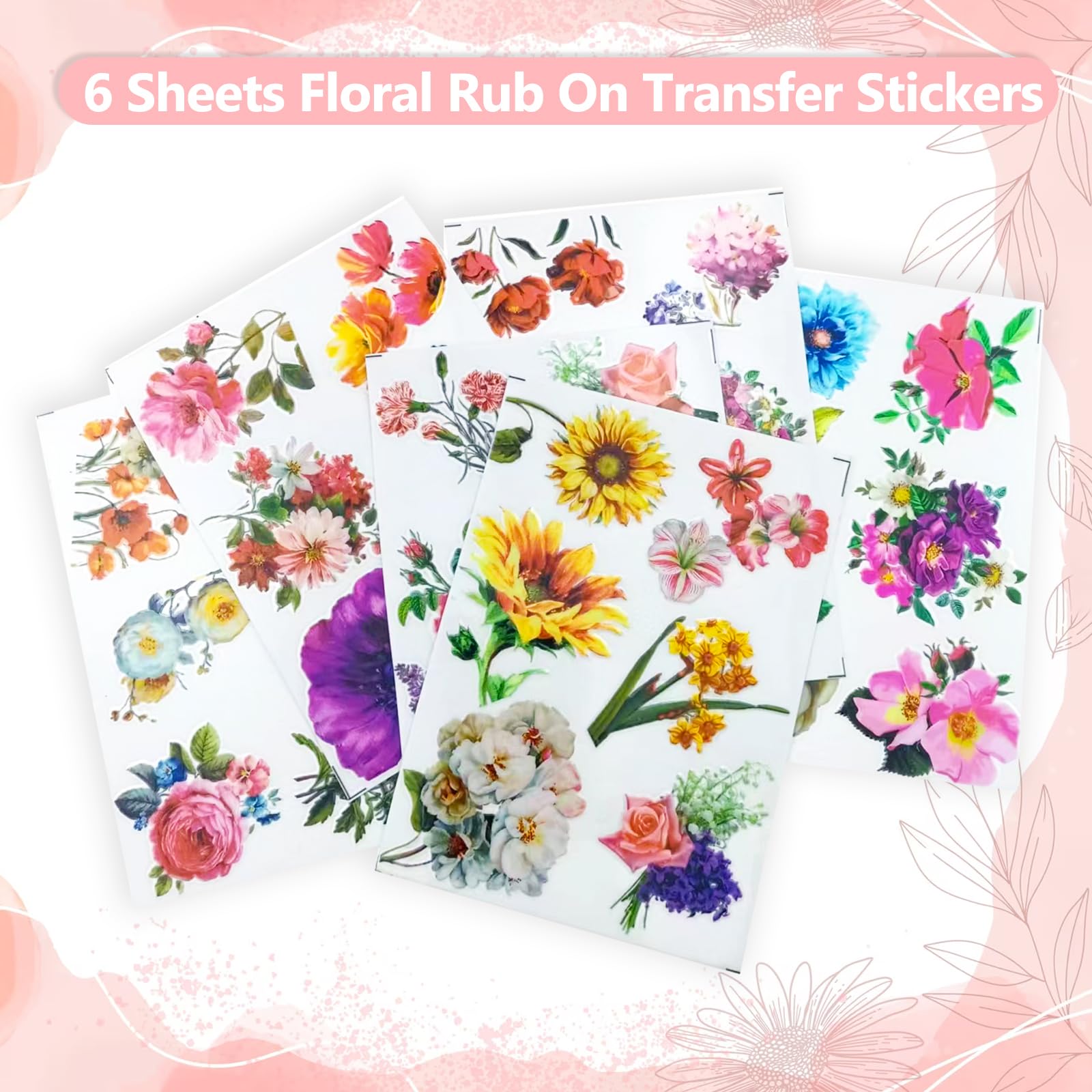 6 Sheets Floral Rub On Transfers for Crafts, 5.5 x 4 Inch Rub On Transfers Stickers, Flower Rub-On Transfers Decals for DIY Wood Paper Water Bottle