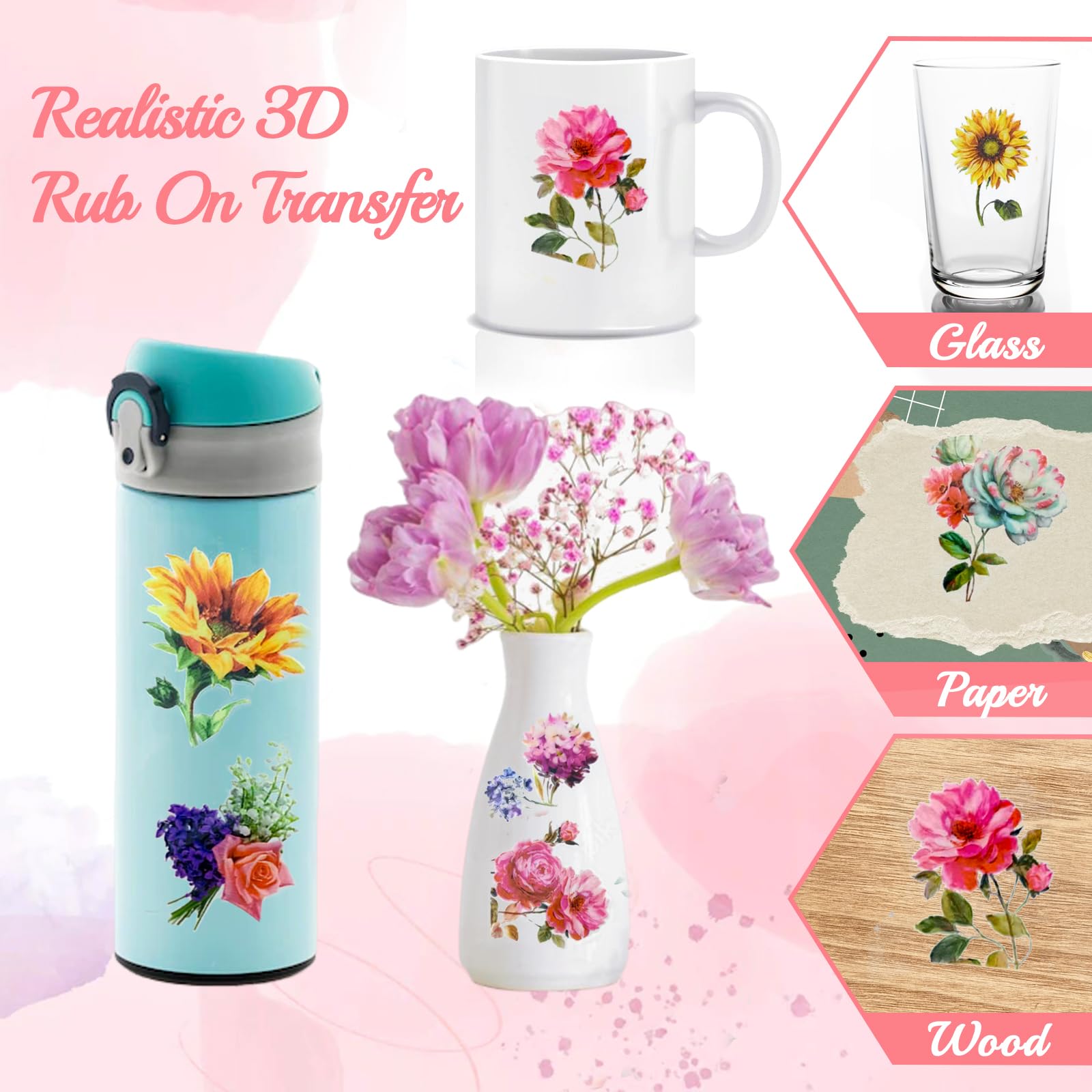 6 Sheets Floral Rub On Transfers for Crafts, 5.5 x 4 Inch Rub On Transfers Stickers, Flower Rub-On Transfers Decals for DIY Wood Paper Water Bottle