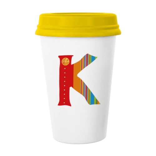 PUROXX K Alphabet Orange Fruit Cute Pattern Coffee Tea Mug Pottery Cup Yellow Lid
