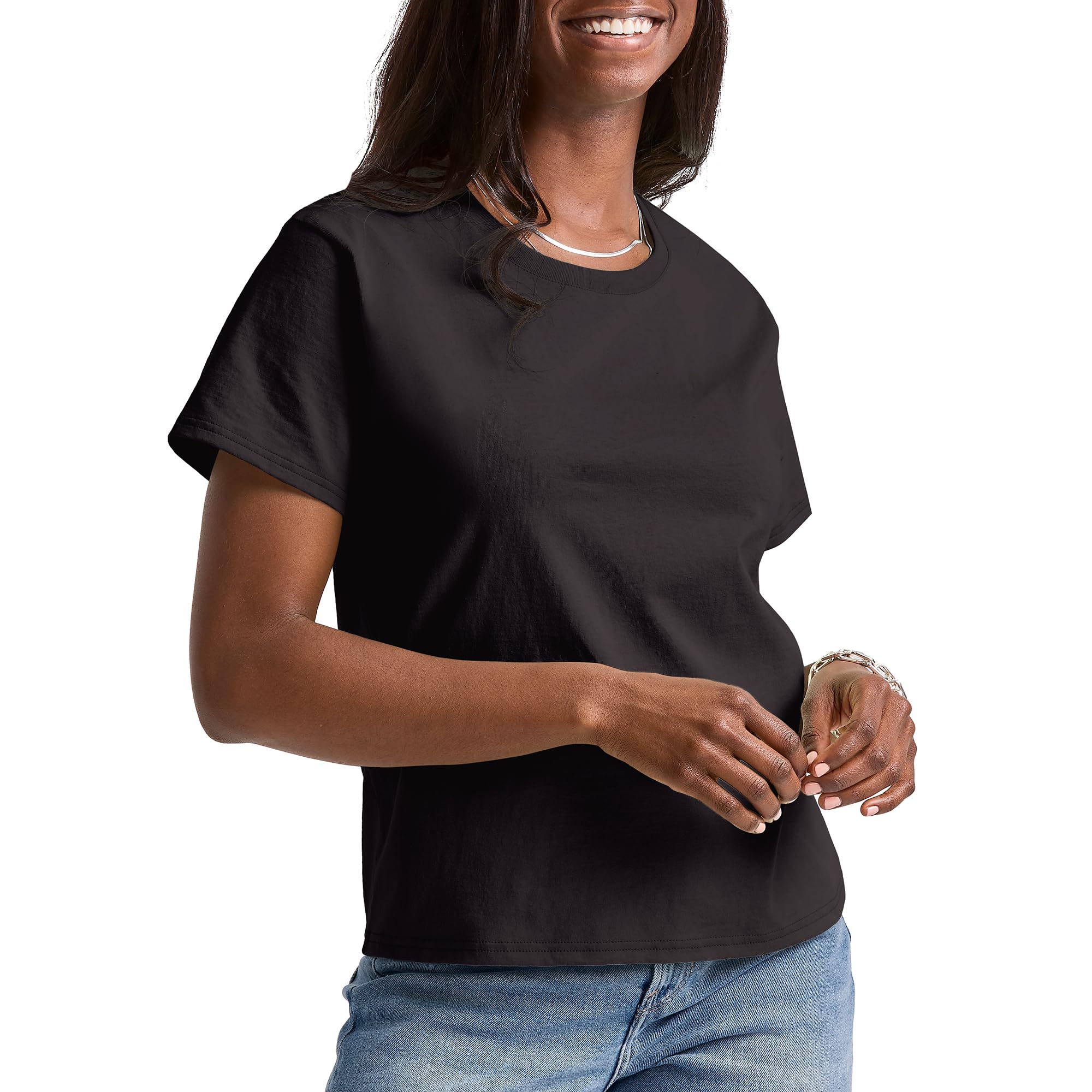 Hanes Comfortblend Essentials, Cotton Crewneck Tee, Classic Fit T-Shirt for Women, Black
