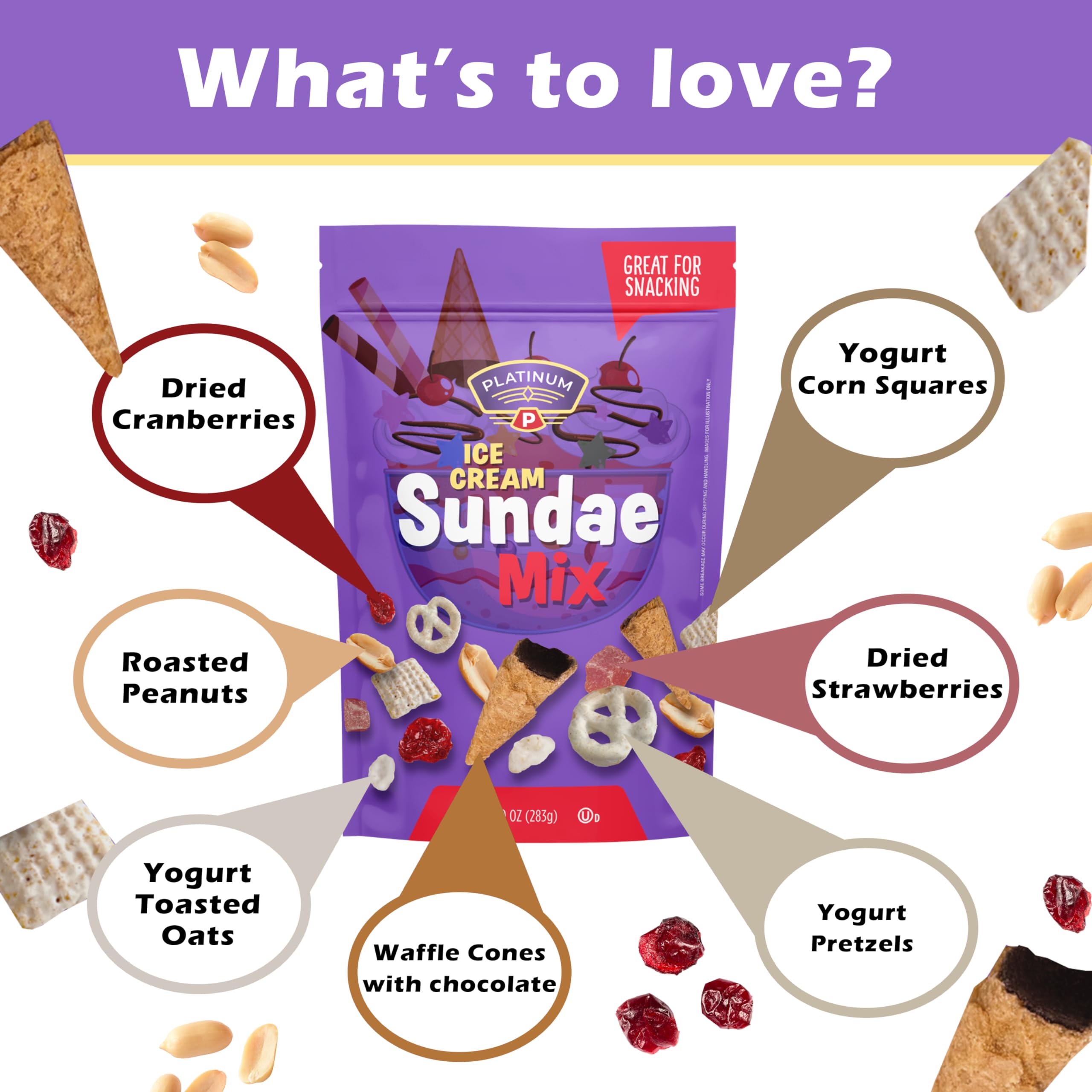 Platinum Ice Cream Sundae Trail Mix β A Decadent Blend of Nuts, Dried Fruits, Dark Chocolate Waffle Cones, Yogurt Pretzels & Corn Squares, Toasted Oats, and Dried Cranberries & Stawberries, Peanuts β 10 oz Resealable Pouch