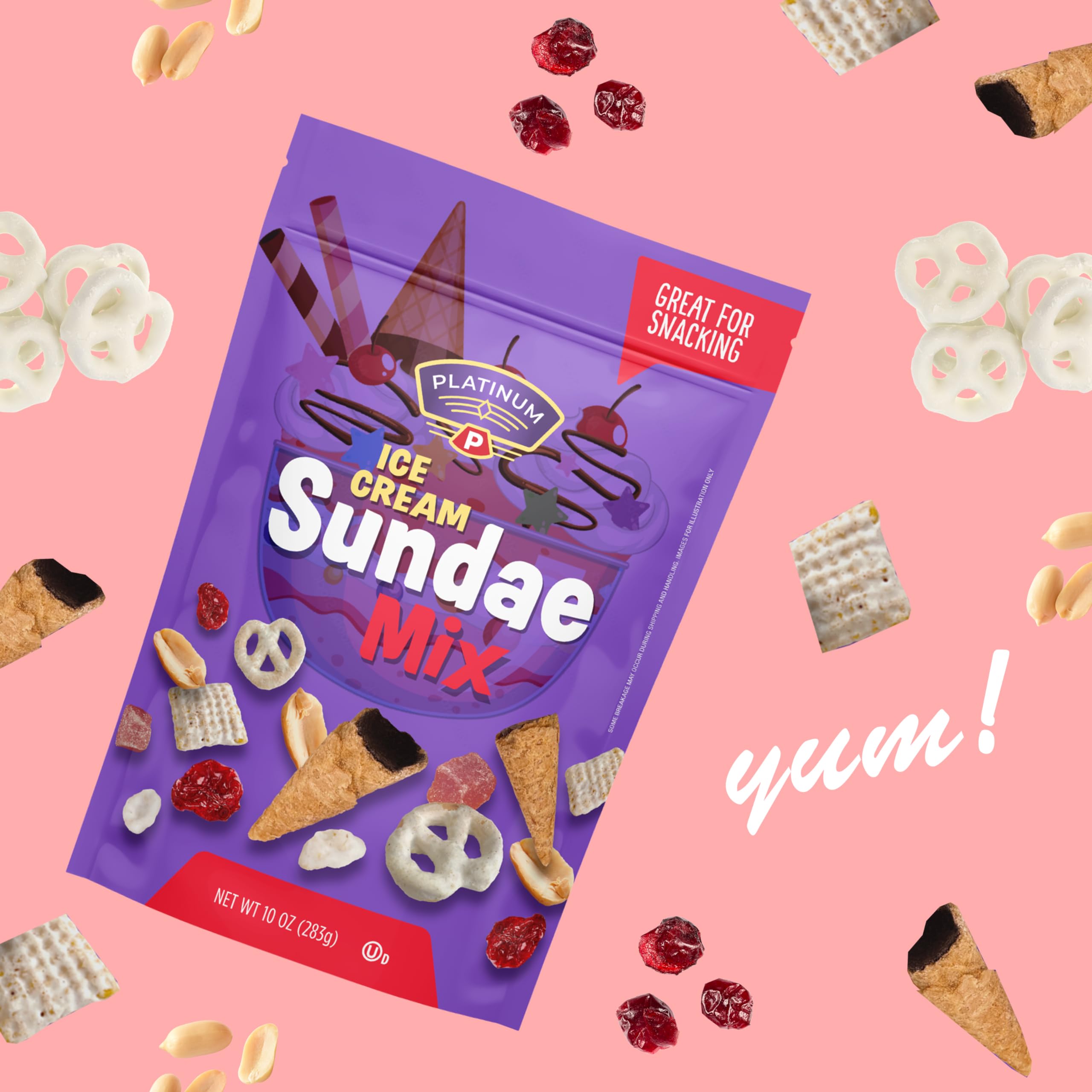 Platinum Ice Cream Sundae Trail Mix β A Decadent Blend of Nuts, Dried Fruits, Dark Chocolate Waffle Cones, Yogurt Pretzels & Corn Squares, Toasted Oats, and Dried Cranberries & Stawberries, Peanuts β 10 oz Resealable Pouch