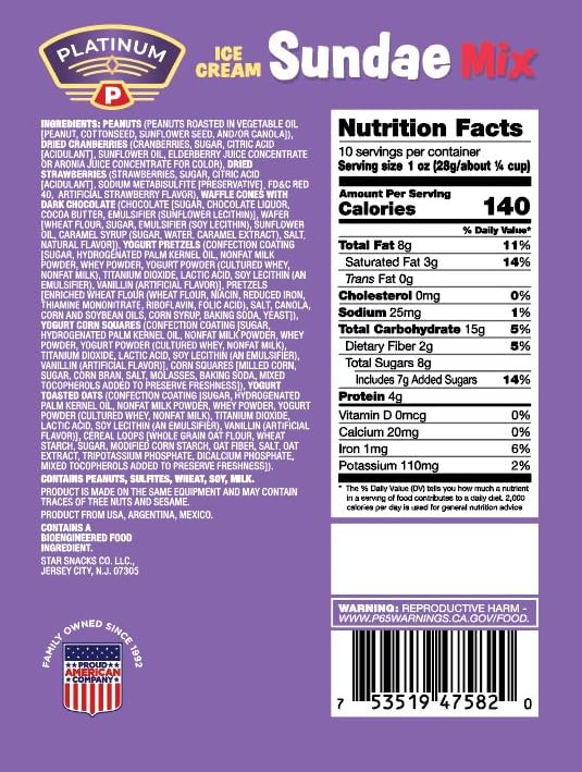 Platinum Ice Cream Sundae Trail Mix β A Decadent Blend of Nuts, Dried Fruits, Dark Chocolate Waffle Cones, Yogurt Pretzels & Corn Squares, Toasted Oats, and Dried Cranberries & Stawberries, Peanuts β 10 oz Resealable Pouch
