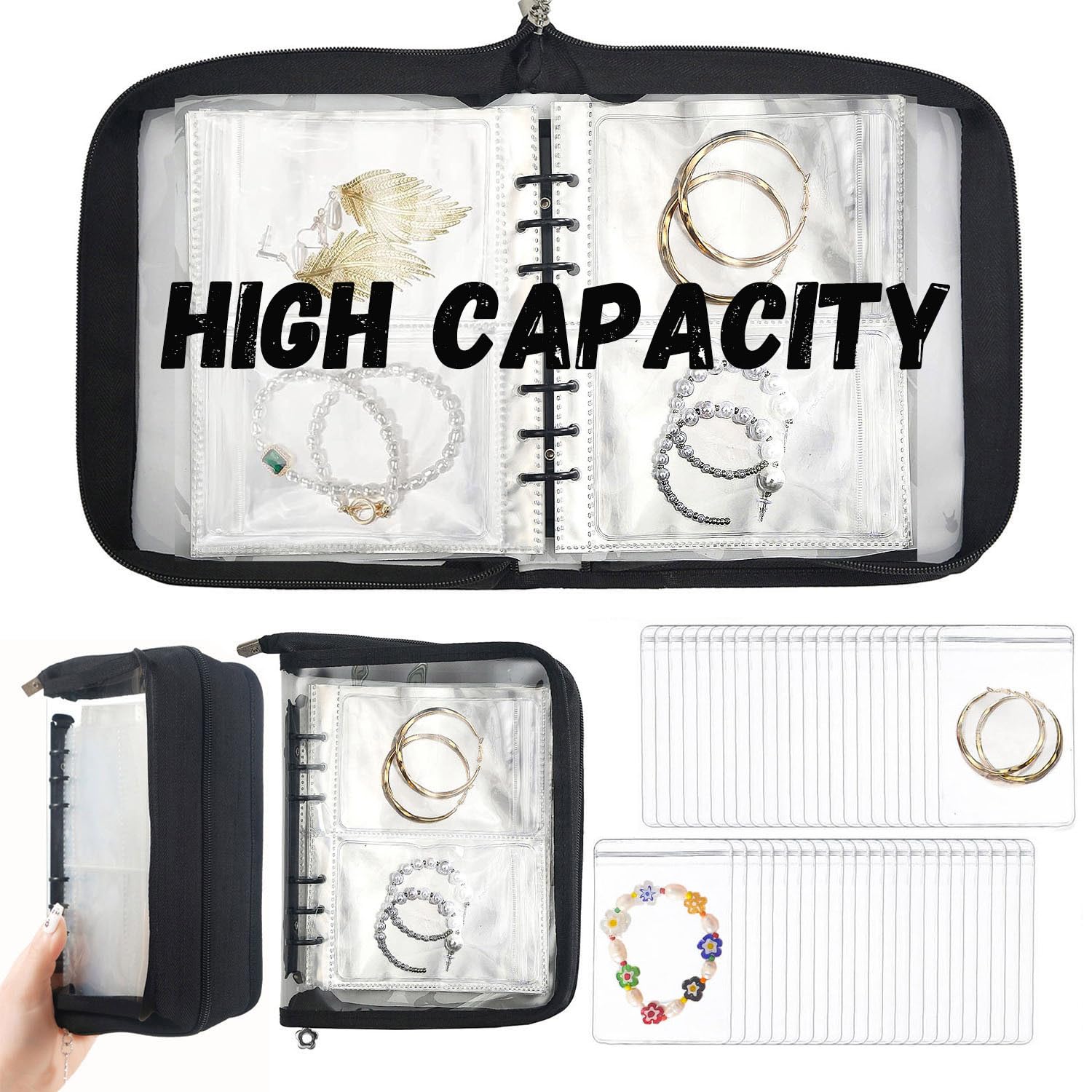 AVELIO Bracelet Storage Organizer Travel Jewelry Organizer Transparent Jewelry Storage Book High Capacity for Earring, Necklace, Ring, With pvc Jewelry Pouches Zipper Bags