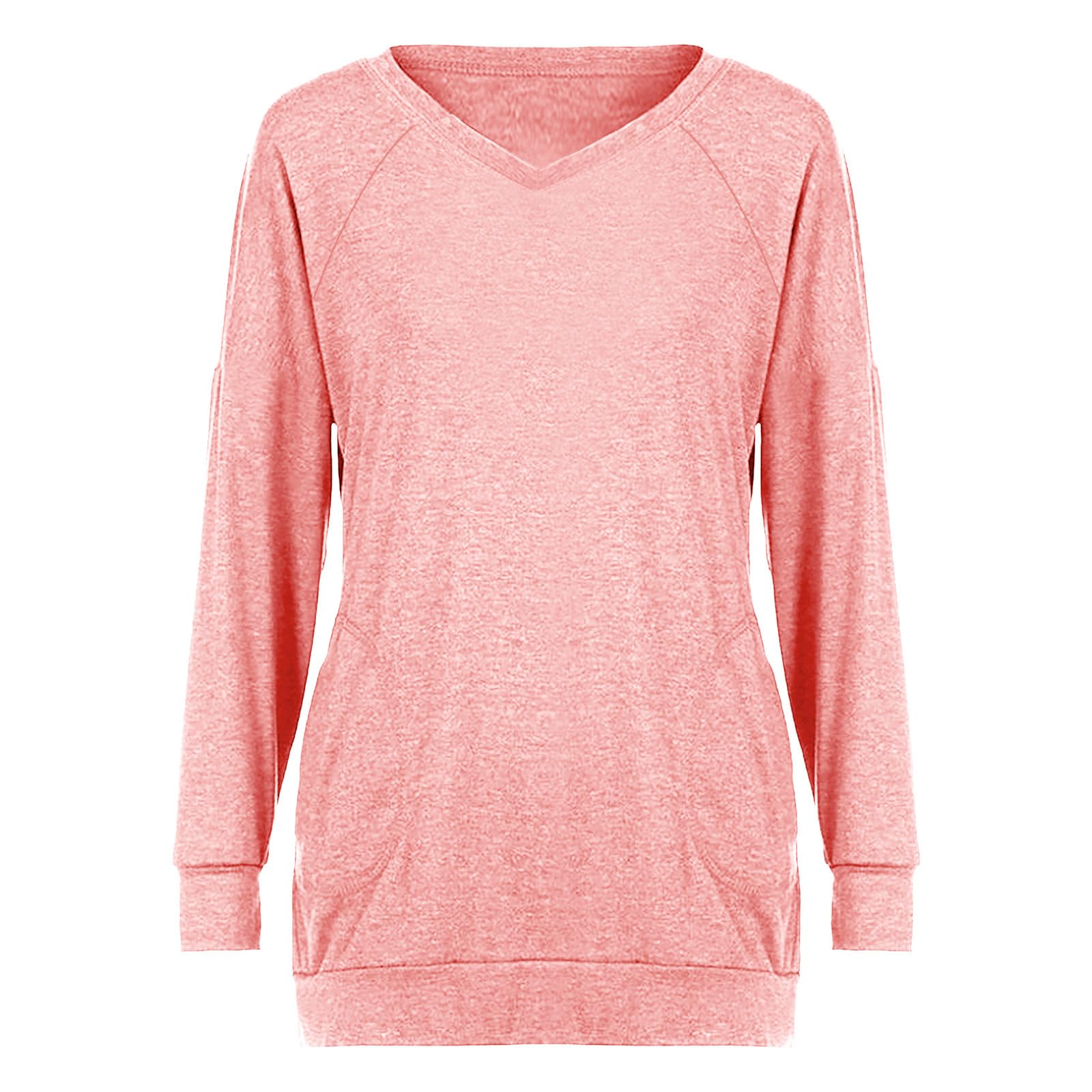 Womens Long Sleeve t Shirts Casual Loose Fit Comfy Tunic Tops Solid v Neck Fall Fashion 2023 Pullover Blouses Women Fall Fashion 2023 Pink 3X