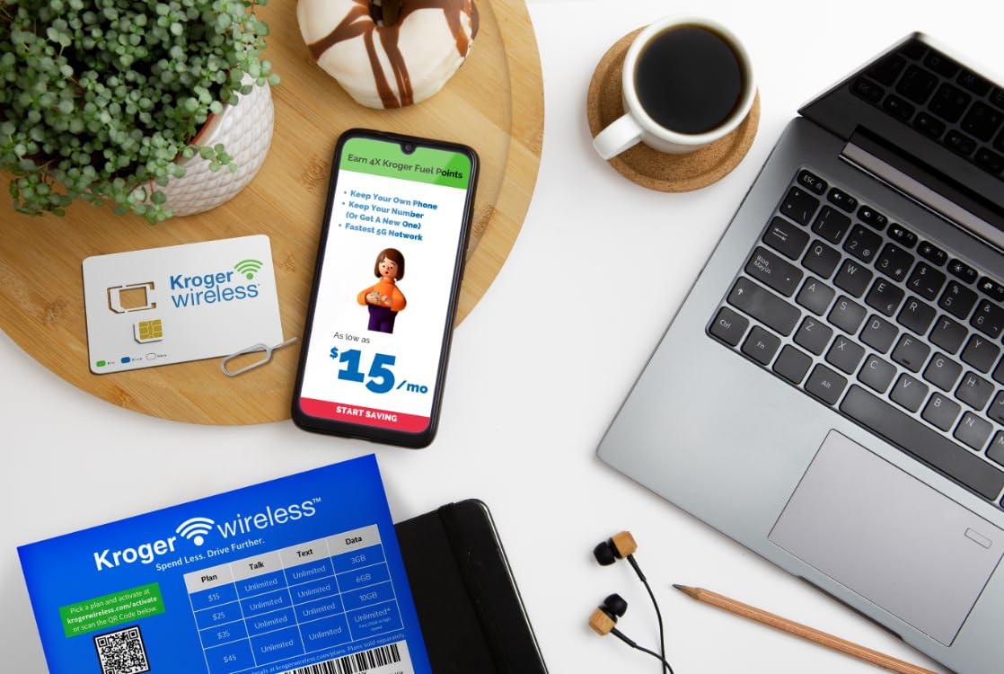Kroger Wireless Prepaid SIM Card with Removal Tool for 4G LTE or 5G Phones, Unlimited U.S. Cell Phone Plans from $15 per Month with Text, Talk, and Data, Includes 4X Fuel Points