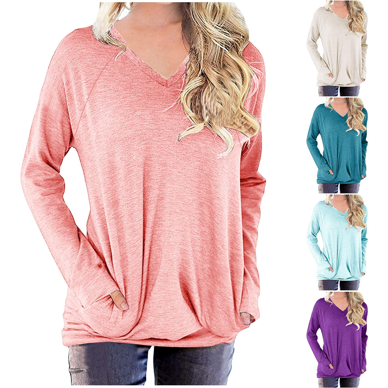 Womens Long Sleeve t Shirts Casual Loose Fit Comfy Tunic Tops Solid v Neck Fall Fashion 2023 Pullover Blouses Women Fall Fashion 2023 Pink 3X