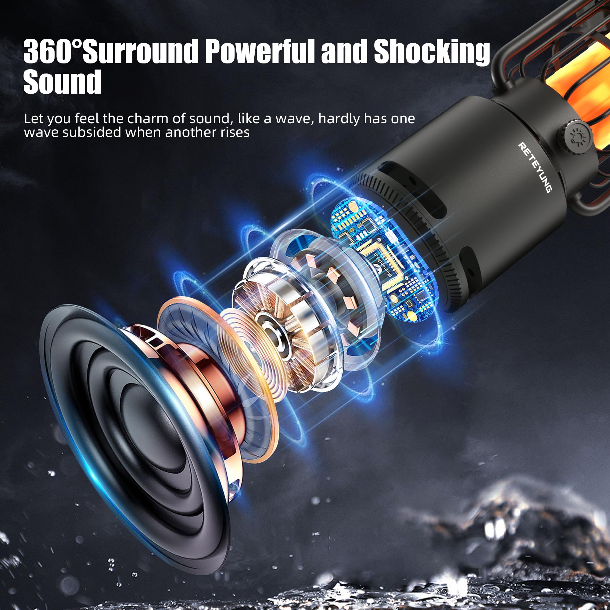 RETEYUNG Outdoor Bluetooth LED Flame Light Speaker With Wall Mount/Hook, IP65 Waterproof for Patio/Party/Camping - Portable Wireless for Men Women Fathers