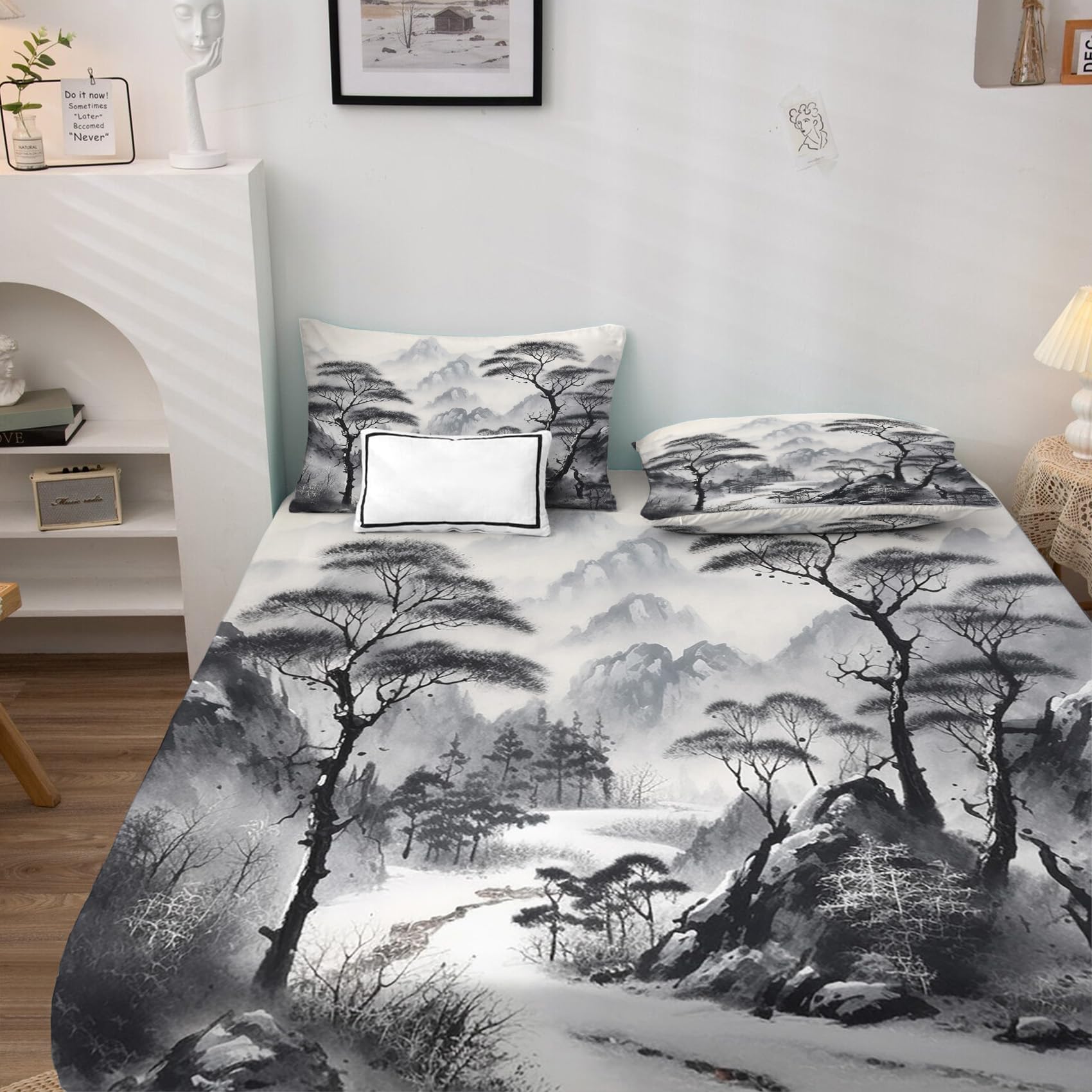 Full Size Sheet Sets - Japanese Bed Sheets, Oriental Ink Painting Bedding Sheets & Pillowcases, Soft Microfiber & Deep Pocket & Wrinkle Free Sheet Set, 1 Fitted Sheet, 1 Flat Sheet, 2 Pillow Cases