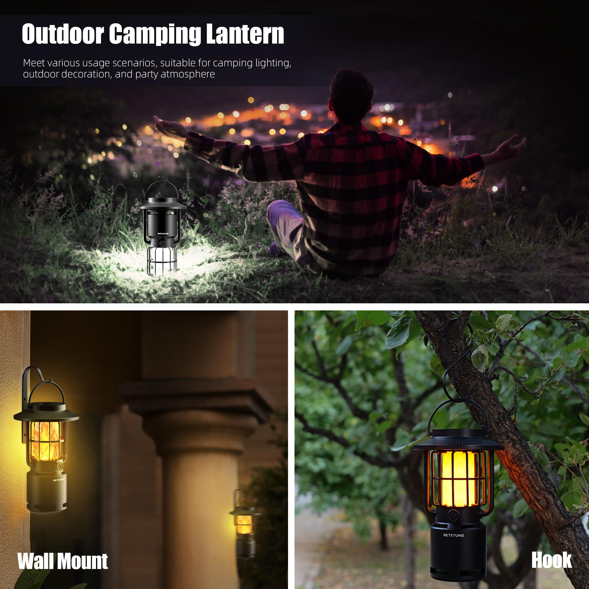 RETEYUNG Outdoor Bluetooth LED Flame Light Speaker With Wall Mount/Hook, IP65 Waterproof for Patio/Party/Camping - Portable Wireless for Men Women Fathers