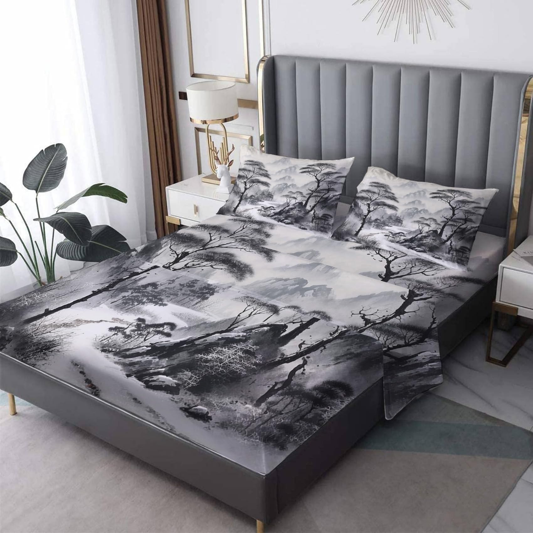 Full Size Sheet Sets - Japanese Bed Sheets, Oriental Ink Painting Bedding Sheets & Pillowcases, Soft Microfiber & Deep Pocket & Wrinkle Free Sheet Set, 1 Fitted Sheet, 1 Flat Sheet, 2 Pillow Cases