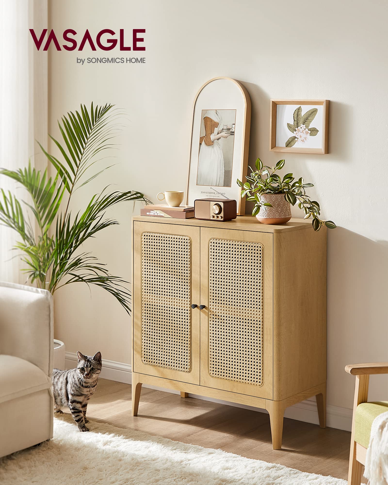 VASAGLE by SONGMICS HOME Rattan Sideboard Buffet Storage Cabinet - Kitchen Cupboard Server Console Table with Adjustable Shelves, 15.7 x 31.5 x 35.4 Inches for Entryway, Living Room, Natural