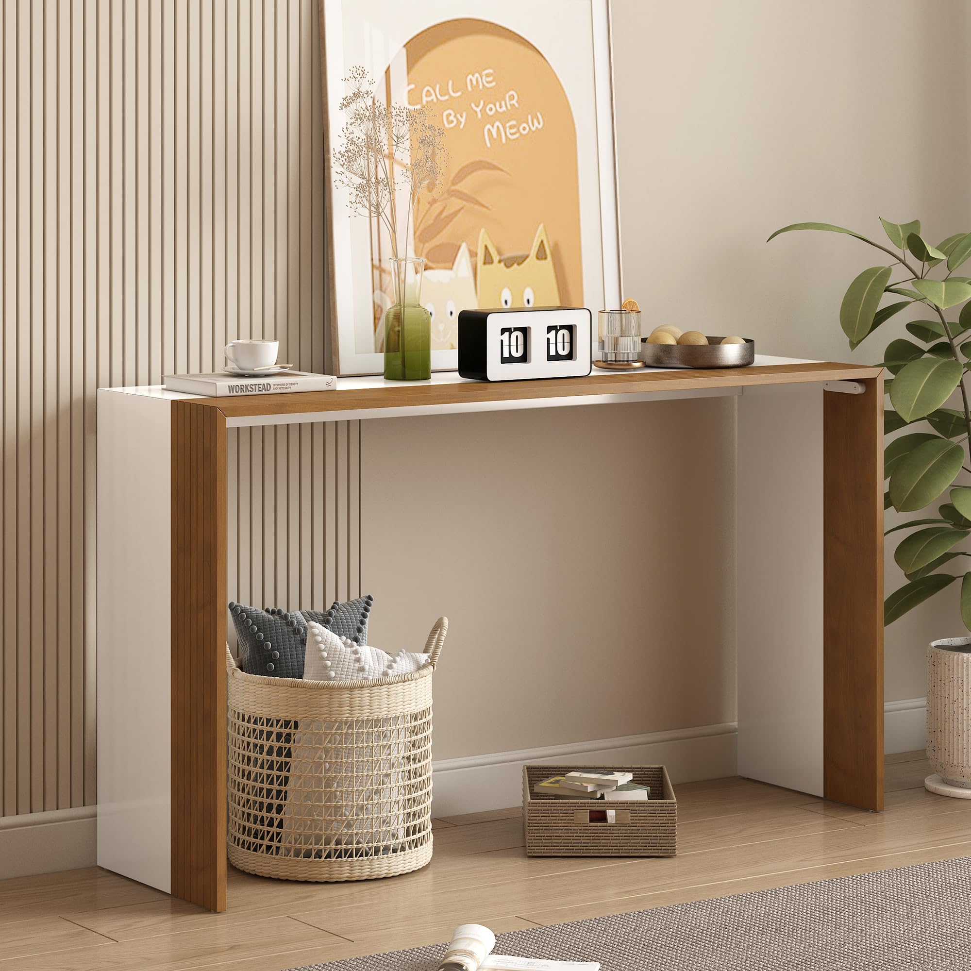 Color-Blocked Console Table, Modern Minimalist Style Sofa Table for Entrance, Hallwayand Living Room, White and Brown