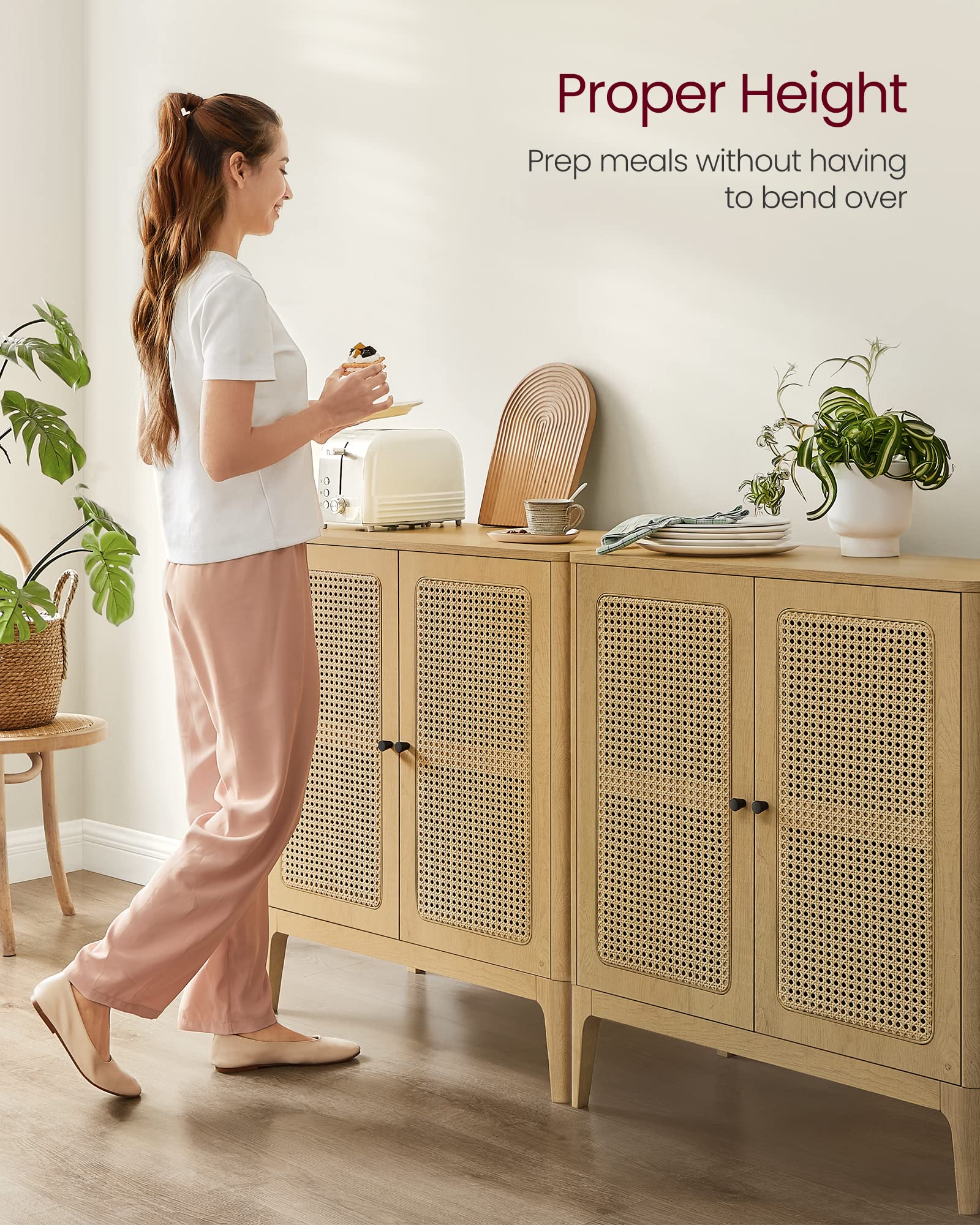 VASAGLE by SONGMICS HOME Rattan Sideboard Buffet Storage Cabinet - Kitchen Cupboard Server Console Table with Adjustable Shelves, 15.7 x 31.5 x 35.4 Inches for Entryway, Living Room, Natural