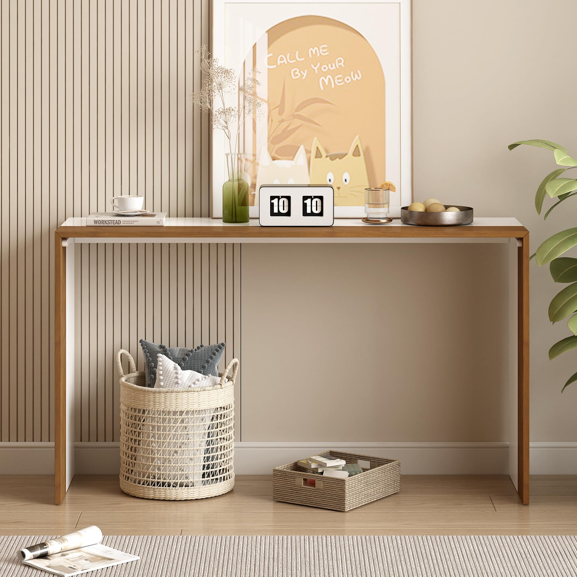 Color-Blocked Console Table, Modern Minimalist Style Sofa Table for Entrance, Hallwayand Living Room, White and Brown
