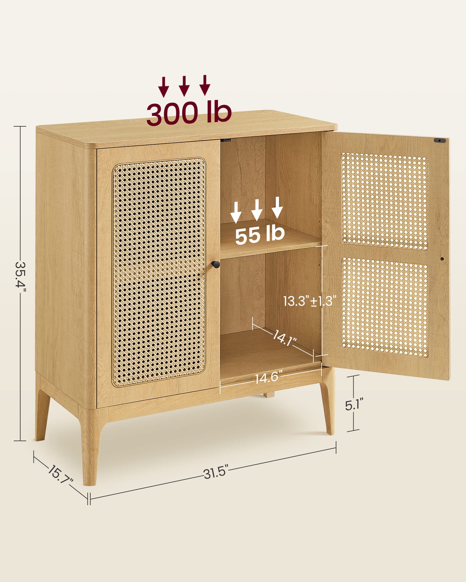 VASAGLE by SONGMICS HOME Rattan Sideboard Buffet Storage Cabinet - Kitchen Cupboard Server Console Table with Adjustable Shelves, 15.7 x 31.5 x 35.4 Inches for Entryway, Living Room, Natural