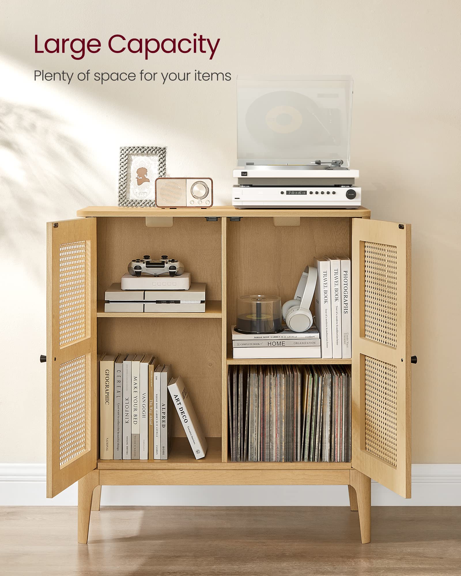 VASAGLE by SONGMICS HOME Rattan Sideboard Buffet Storage Cabinet - Kitchen Cupboard Server Console Table with Adjustable Shelves, 15.7 x 31.5 x 35.4 Inches for Entryway, Living Room, Natural