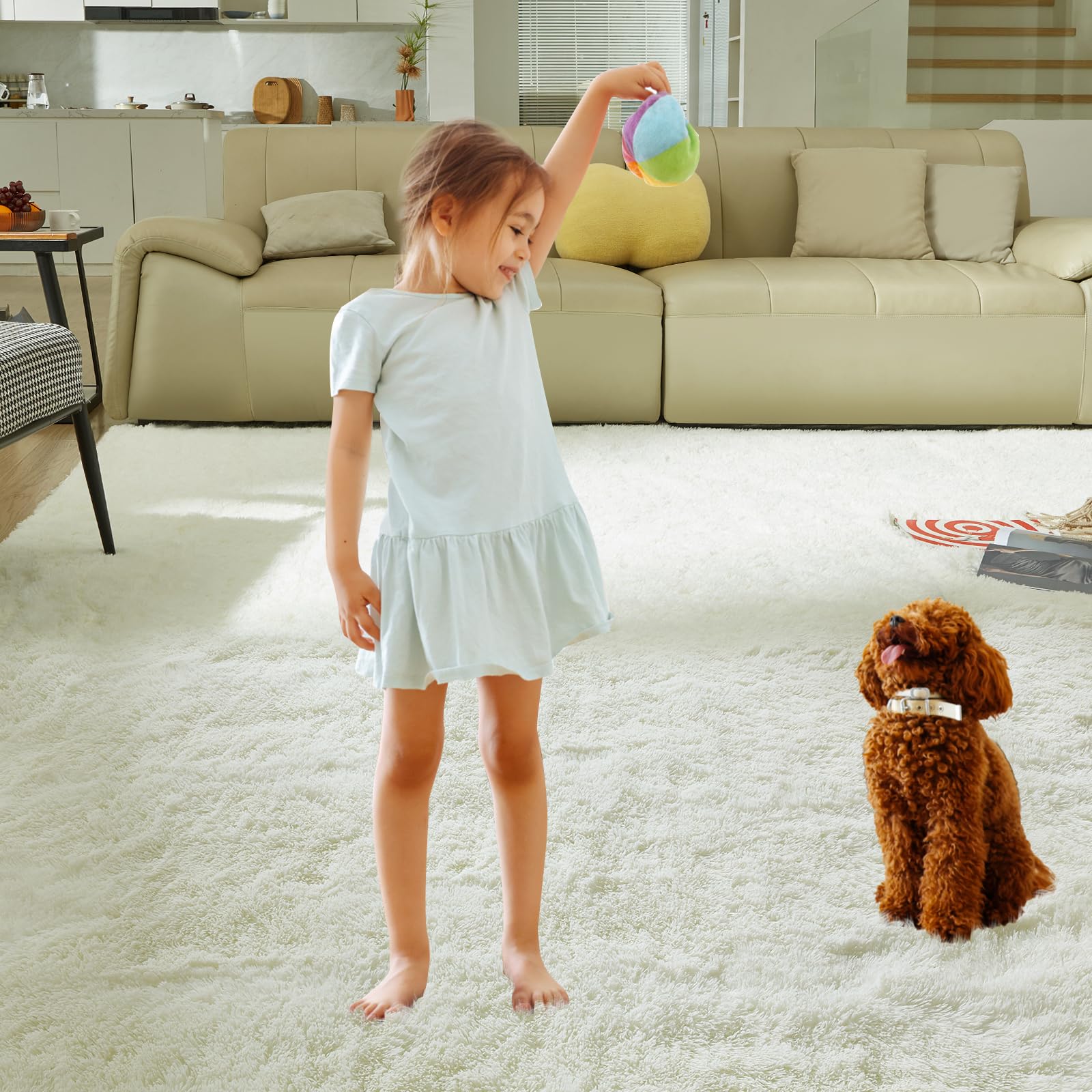 Ultra Soft Rug for Living Room, 8X10 Fluffy Shag Area Rug for Bedroom, Modern Shaggy Carpets Fuzzy Rug for Teens Dorm Nursery Home Decor Aesthetic, Upgrade Anti-Skid Durable, Cream White