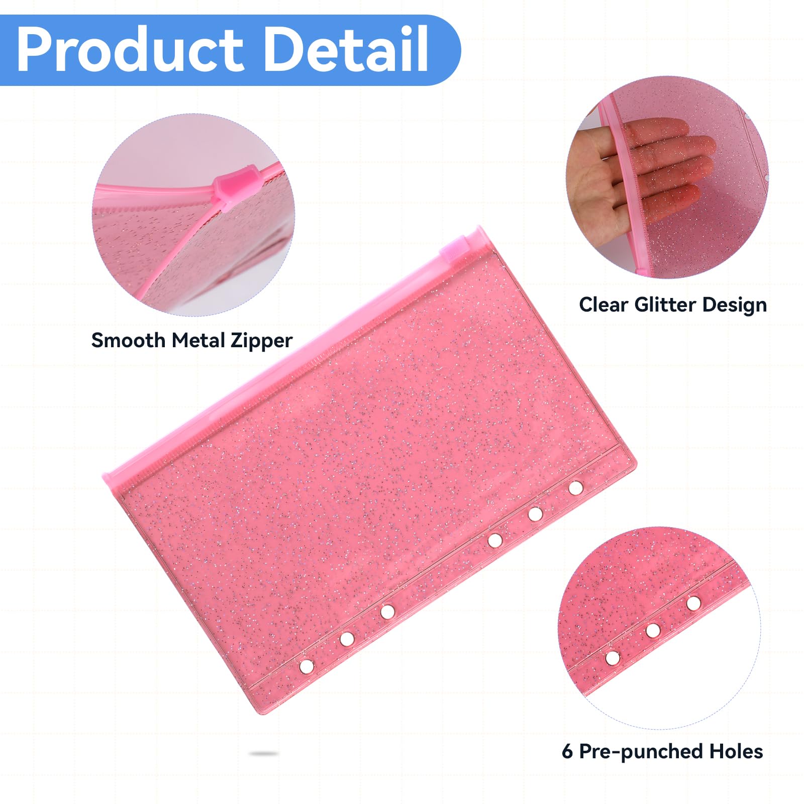 15Pcs Glitter A6 Binder Pockets PVC Pocket Notebook Binder Clear Binder Folders, Colorful Holes Binder Zipper Folders Waterproof PVC Pouch Folders for Document Receipt Picture