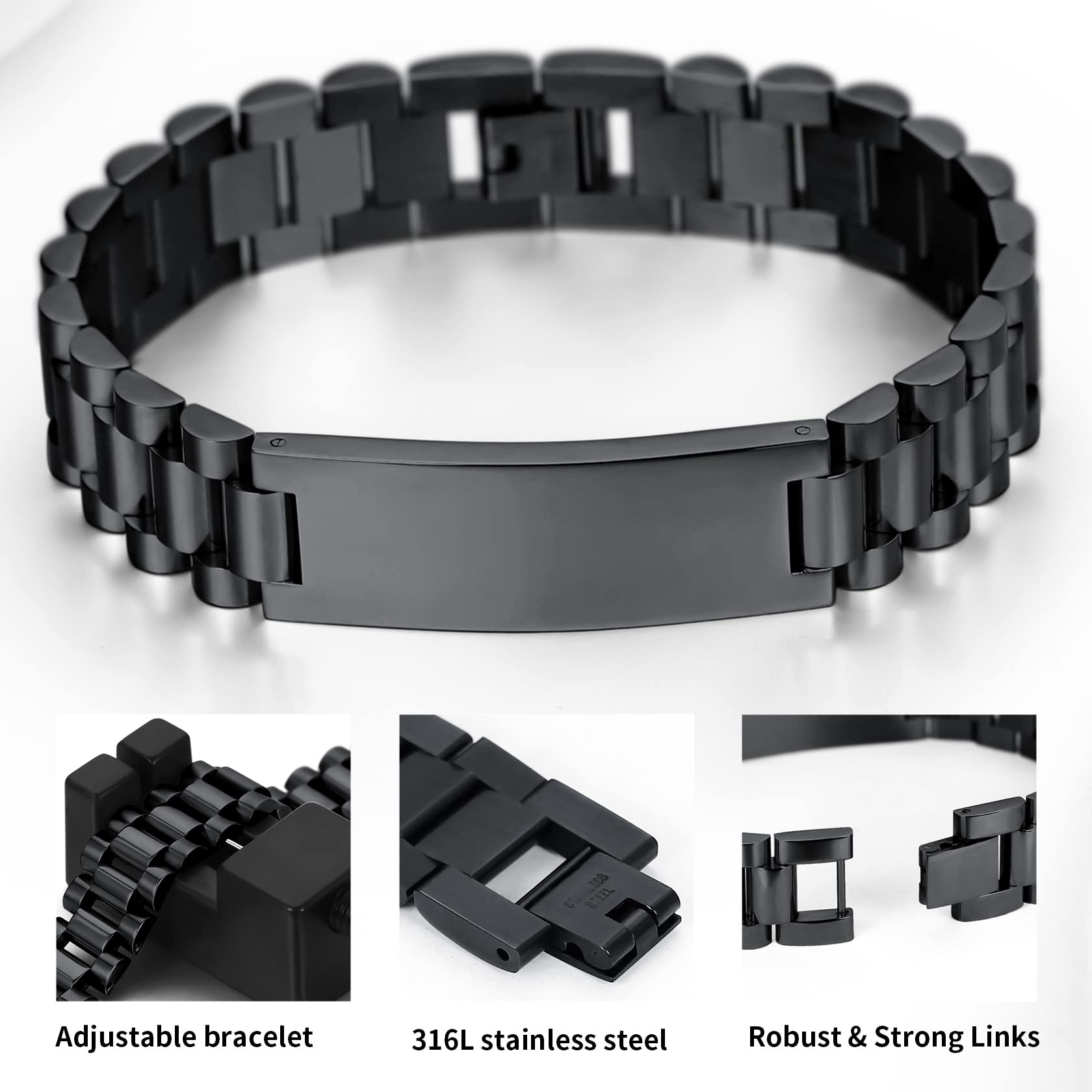 Enni of York Free Custom Engraving-Unisex 2 Tone Brushed Stainless Steel Emergency Adjustable Bracelet Wristband