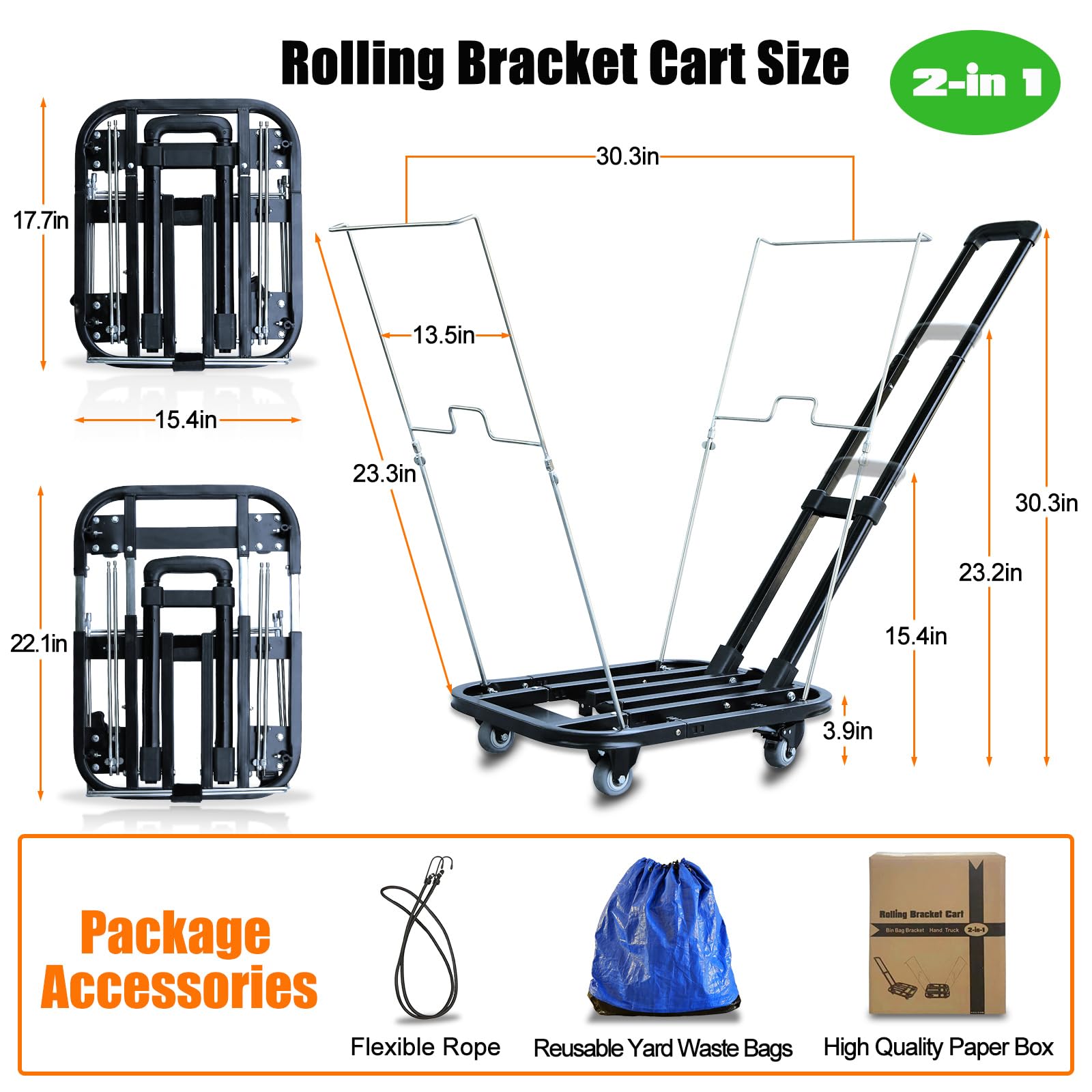 Trash Bag Holder with Wheels 30-60 Gallons Leaf Bag Holder for Leaves Weeding Camping Party,2 in 1 Multi-Function 500 LB Folding Hand Truck for Travel Moving Shopping Office(Black)