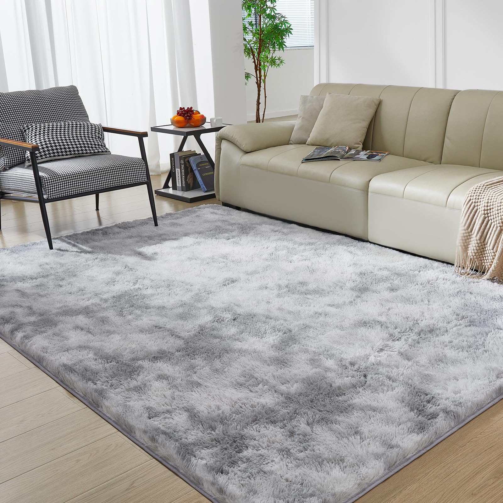 Ultra Soft Rug for Living Room, 4X6 Fluffy Shag Area Rug for Bedroom, Modern Shaggy Carpets Fuzzy Rug for Teens Dorm Nursery Home Decor Aesthetic, Upgrade Anti-Skid Durable, Tie-Dyed Light Grey