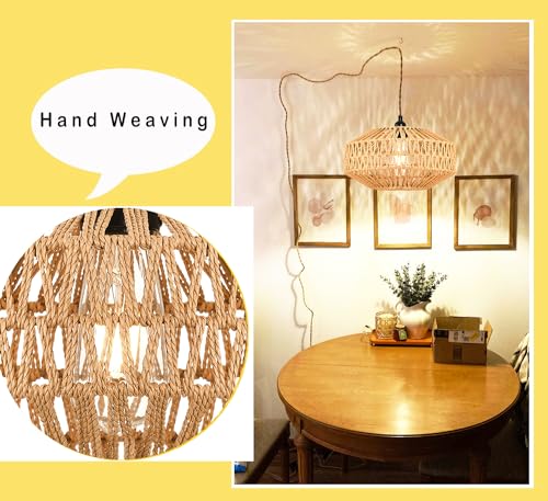 QIYIZM Plug in Pendant Light Hanging Lights with Cord Rattan Boho Hanging Lamp Dimmable,Wicker Bamboo Woven Lamp Shade,Ceiling Light Fixture for Living Room Bedroom Kitchen