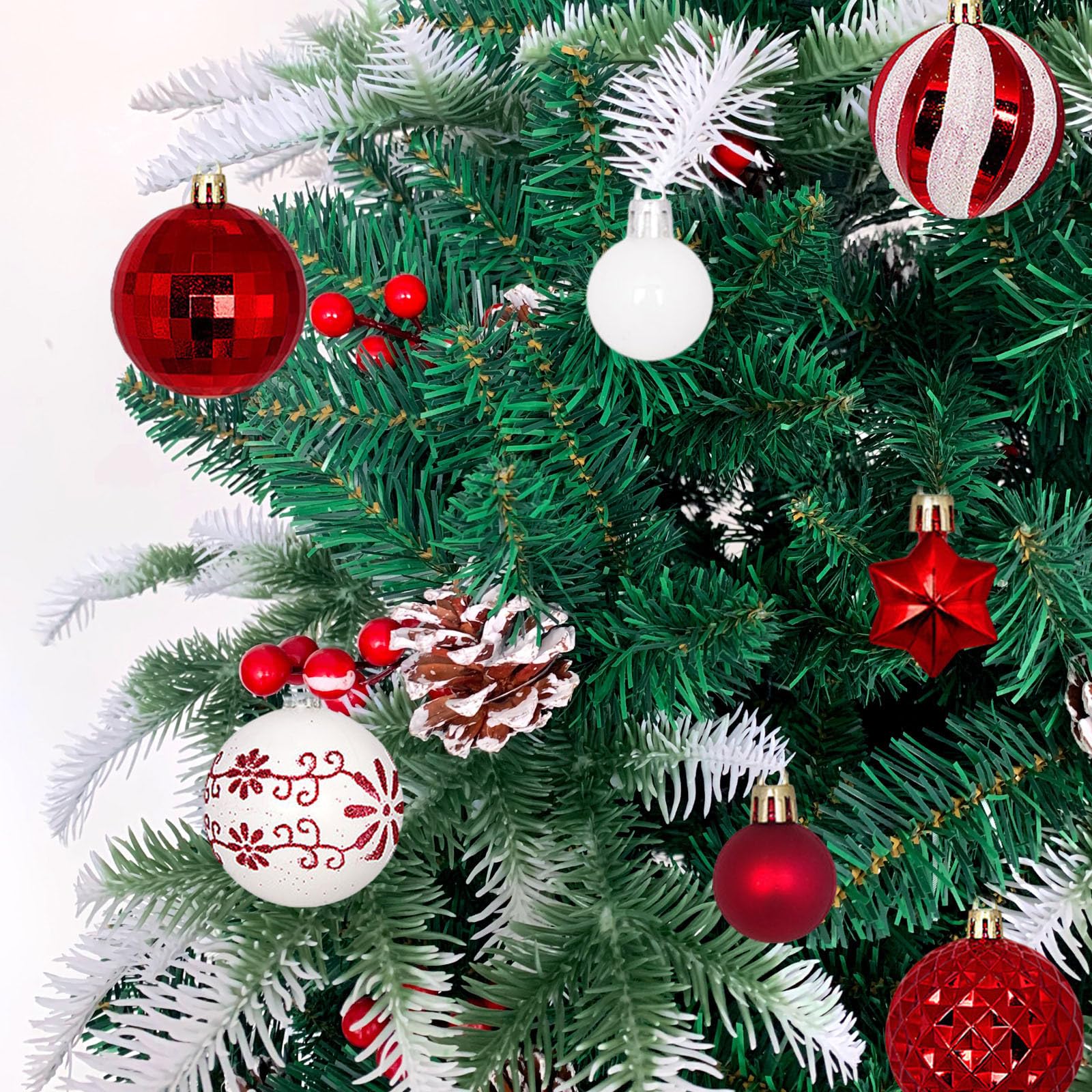 Christmas Decorations Balls, 44pcs 2.36/1.18 inch Hanging Balls Ornament for Christmas Tree, 9 Styles Elk Deer Snowflake Christmas Ball Star Ornaments for Xmas Tree, Homes Decors (Red&White)