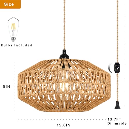 QIYIZM Plug in Pendant Light Hanging Lights with Cord Rattan Boho Hanging Lamp Dimmable,Wicker Bamboo Woven Lamp Shade,Ceiling Light Fixture for Living Room Bedroom Kitchen