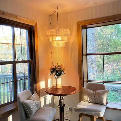 QIYIZM Plug in Pendant Light Boho Hanging Lights with Plug in Cord Rattan Hanging Lamp Dimmable Wicker Bamboo Woven Lamp Shade Hemp Rope Plug in Ceiling Light Fixture for Living Room Bedroom Kitchen
