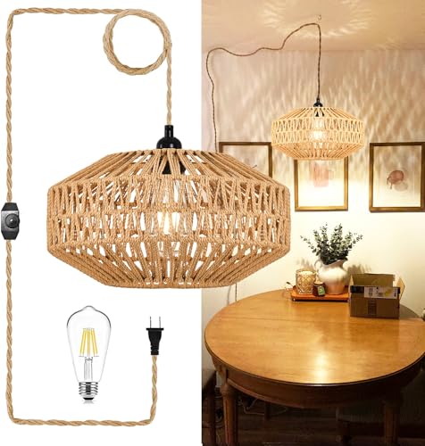 QIYIZM Plug in Pendant Light Hanging Lights with Cord Rattan Boho Hanging Lamp Dimmable,Wicker Bamboo Woven Lamp Shade,Ceiling Light Fixture for Living Room Bedroom Kitchen