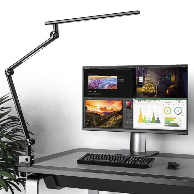LED Desk Lamp for Office Home - Eye-Safe Architect Lamp with Clip, Dual Screen Computer Monitor Gooseneck Smart Lamp: 24W 5 Color Flexible Adjustable Lighting Desk Lamp for Learning Drawing