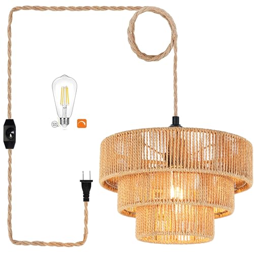QIYIZM Plug in Pendant Light Boho Hanging Lights with Plug in Cord Rattan Hanging Lamp Dimmable Wicker Bamboo Woven Lamp Shade Hemp Rope Plug in Ceiling Light Fixture for Living Room Bedroom Kitchen