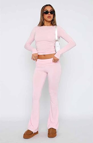 Goafuliy Women's Flare Leggings - Buttery Soft Waisted Workout Lounge Bell Bottom Cotton Yoga Pants Stretch Trousers S Light Pink