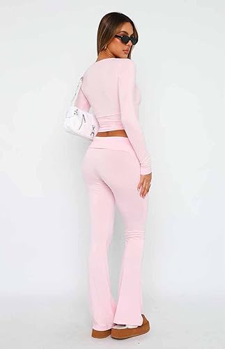 Goafuliy Women's Flare Leggings - Buttery Soft Waisted Workout Lounge Bell Bottom Cotton Yoga Pants Stretch Trousers S Light Pink