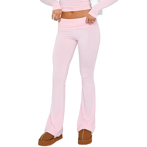 Goafuliy Women's Flare Leggings - Buttery Soft Waisted Workout Lounge Bell Bottom Cotton Yoga Pants Stretch Trousers S Light Pink