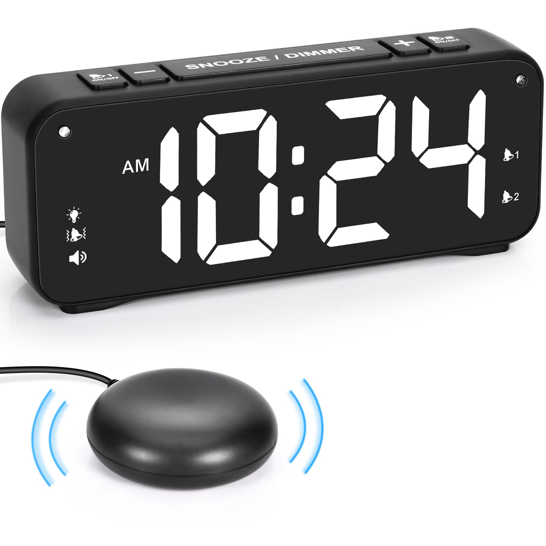 SZELAM Alarm Clock for Heavy Sleepers Adults,with Vibration Bed Shaker,2 Alarms,4 Levels Brightness,6.5" LED Digital Desk Clocks for Hearing Impaired Deaf Teens Bedroom (Black-White)