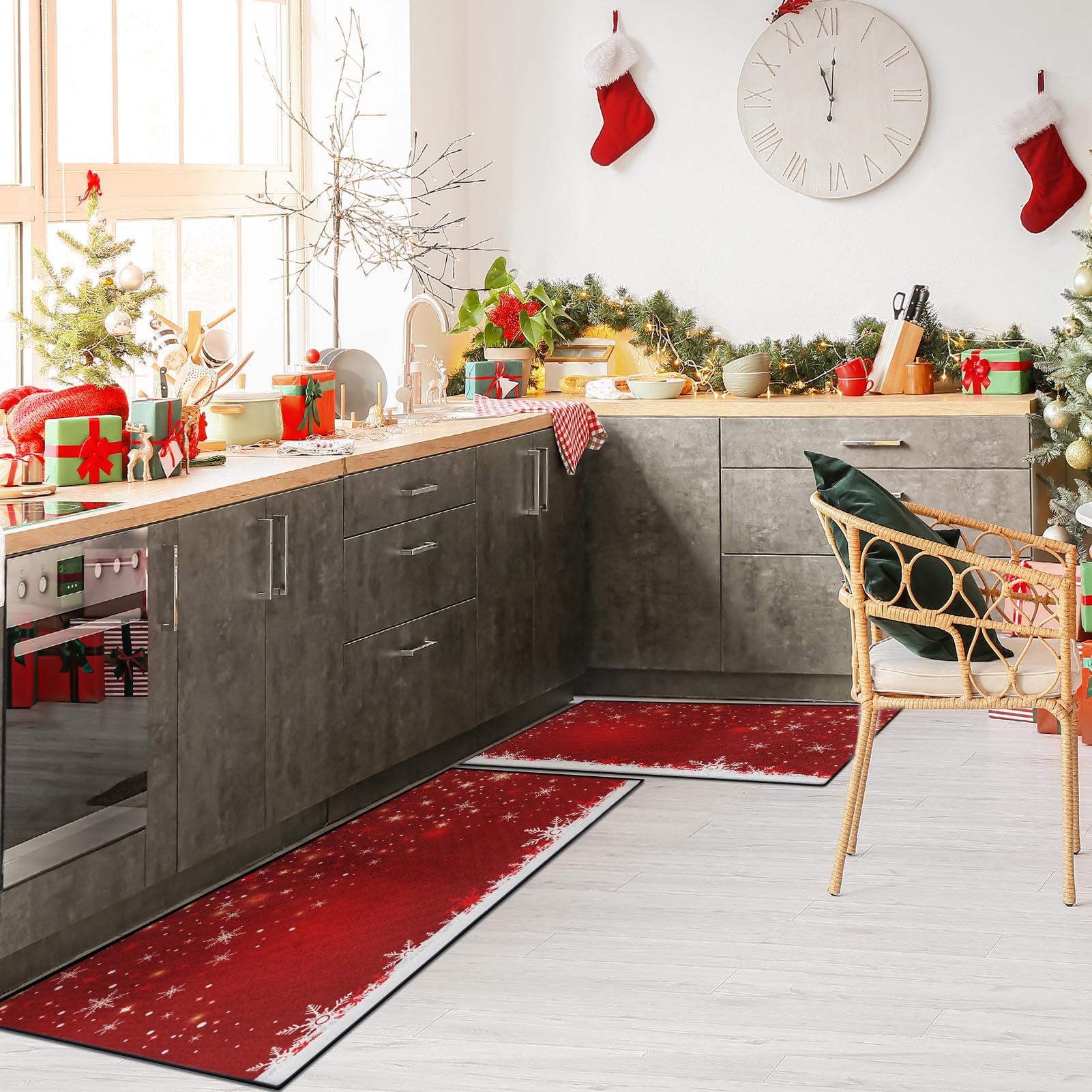 Tayney Christmas Kitchen Rugs and Mats Non Skid Washable Set of 2, Snowflake Red Snow Floor Mats, Xmas Runner Rug, Winter Kitchen Decor