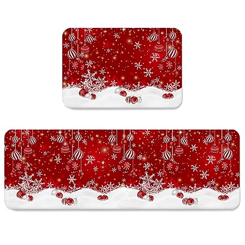 2 Pieces Kitchen Rugs and Mats Red Christmas Shiny Stars Xmas Balls,Non Slip Indoor Doormats Set,Washable Floor Carpet Area Runner for Laundry Sink Home Decor Winter Snowflakes