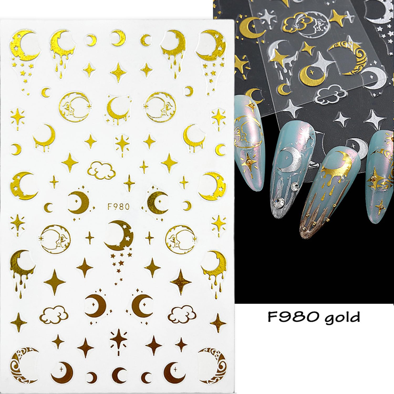 8 Sheets Gold Star Moon Nail Art Stickers Decals Snake Sun Eye Nail Stickers 3D Self Adhesive Nail Decals Design Various Patterns Nail Art Decals for Women DIY Manicure Decoration Supplies