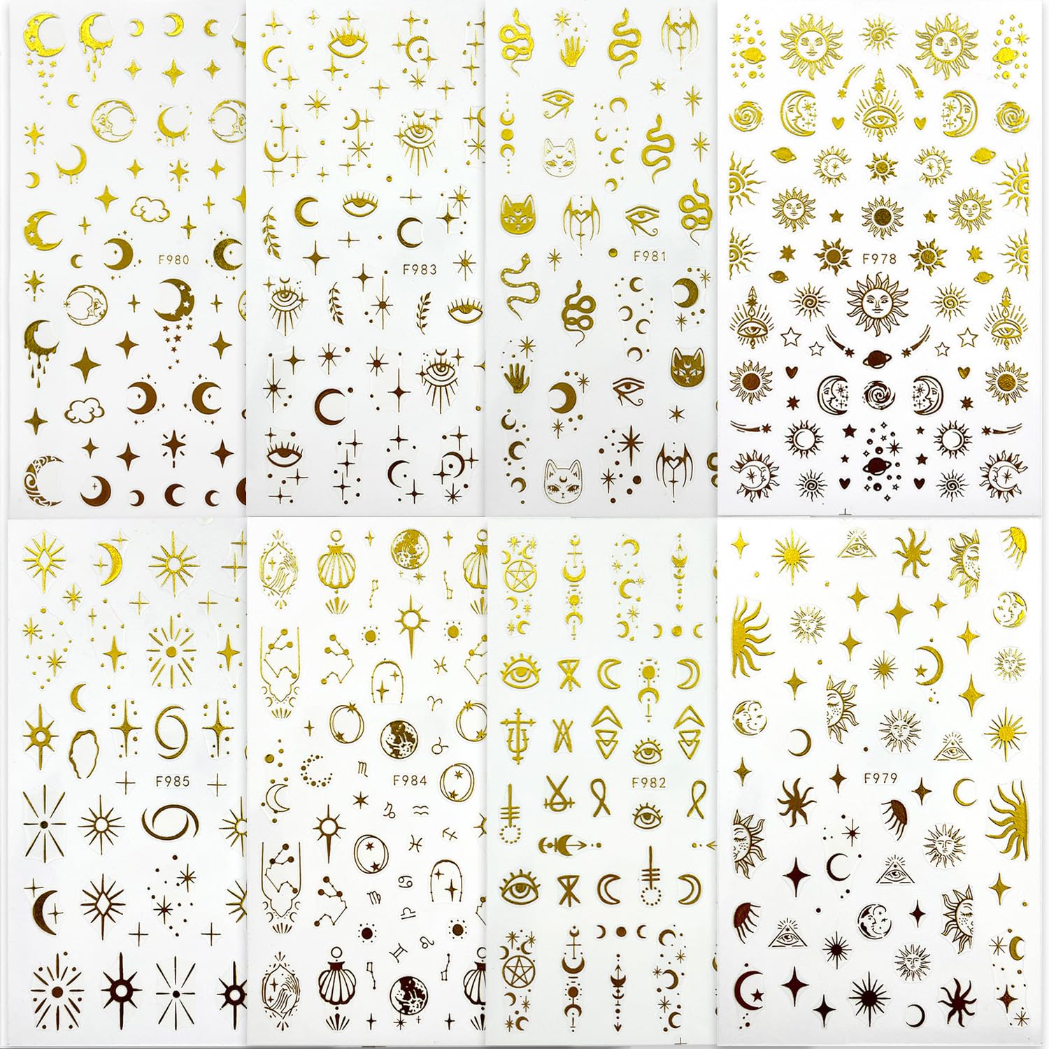 8 Sheets Gold Star Moon Nail Art Stickers Decals Snake Sun Eye Nail Stickers 3D Self Adhesive Nail Decals Design Various Patterns Nail Art Decals for Women DIY Manicure Decoration Supplies