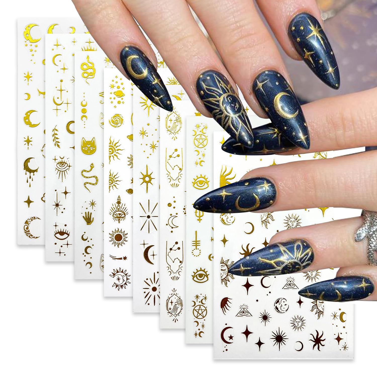 8 Sheets Gold Star Moon Nail Art Stickers Decals Snake Sun Eye Nail Stickers 3D Self Adhesive Nail Decals Design Various Patterns Nail Art Decals for Women DIY Manicure Decoration Supplies