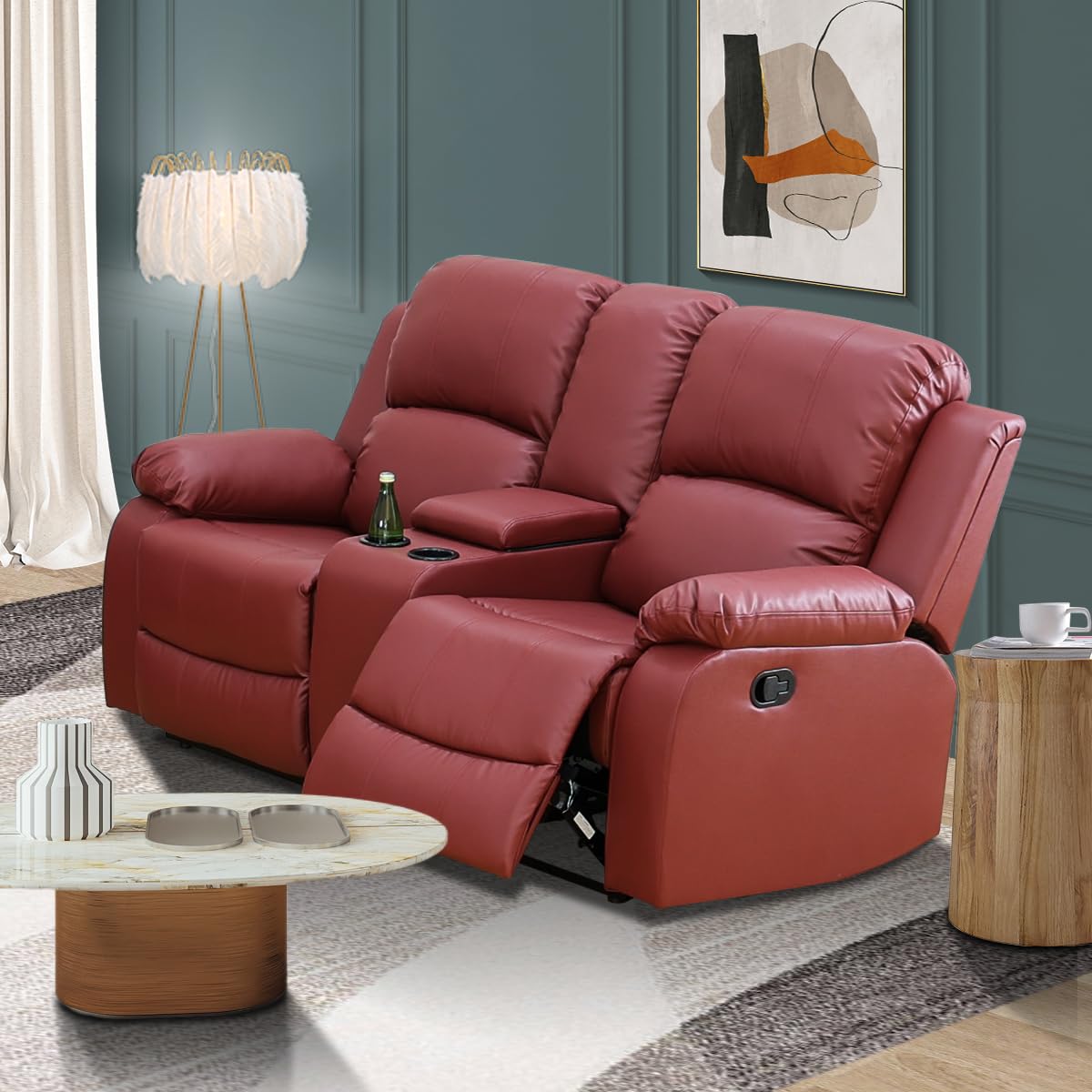 Mlxgoie 73" Leather Loveseat Sofa Manual Double Recliner Chair with Cup Holders and Storage Space, 74.5x37x40 in, Red