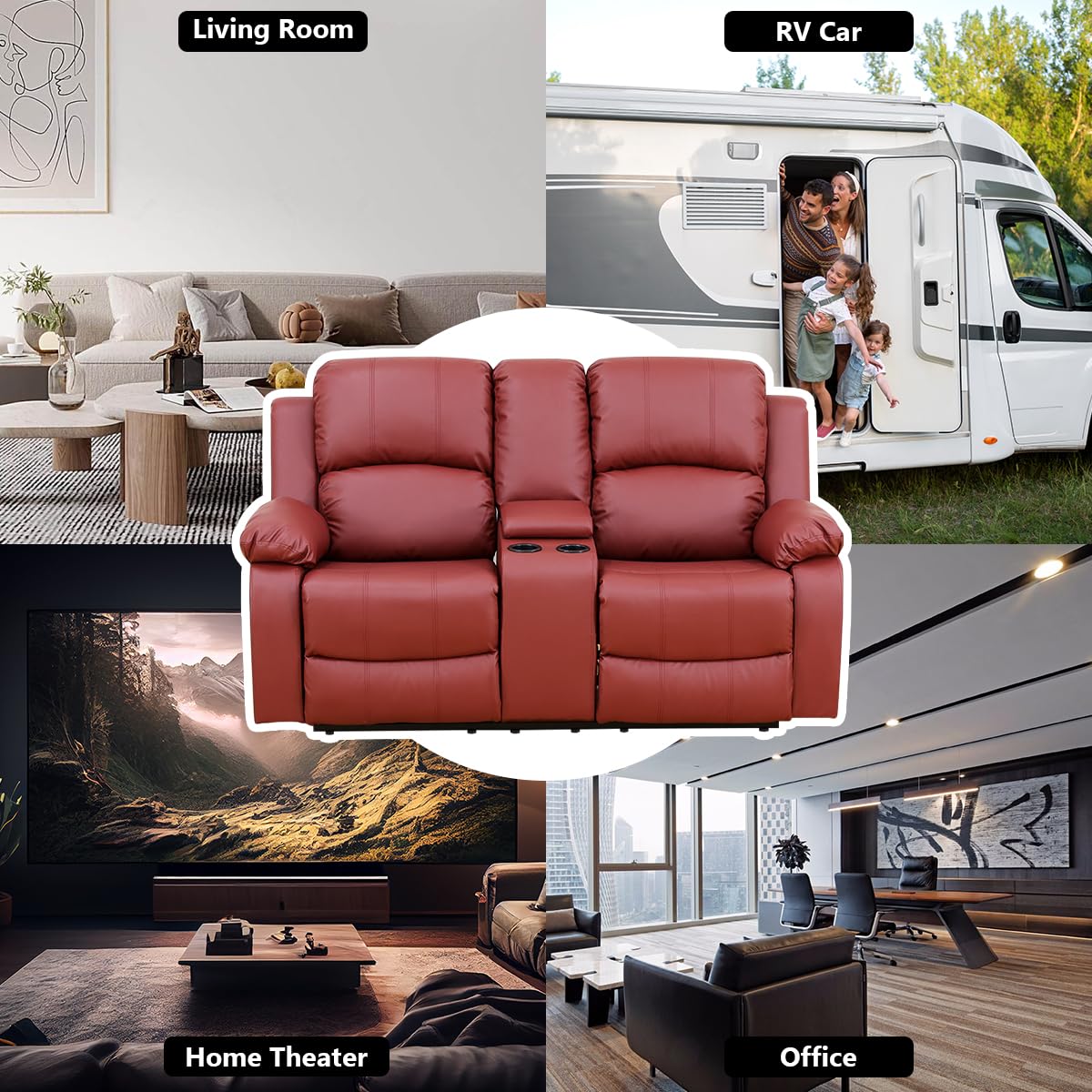 Mlxgoie 73" Leather Loveseat Sofa Manual Double Recliner Chair with Cup Holders and Storage Space, 74.5x37x40 in, Red