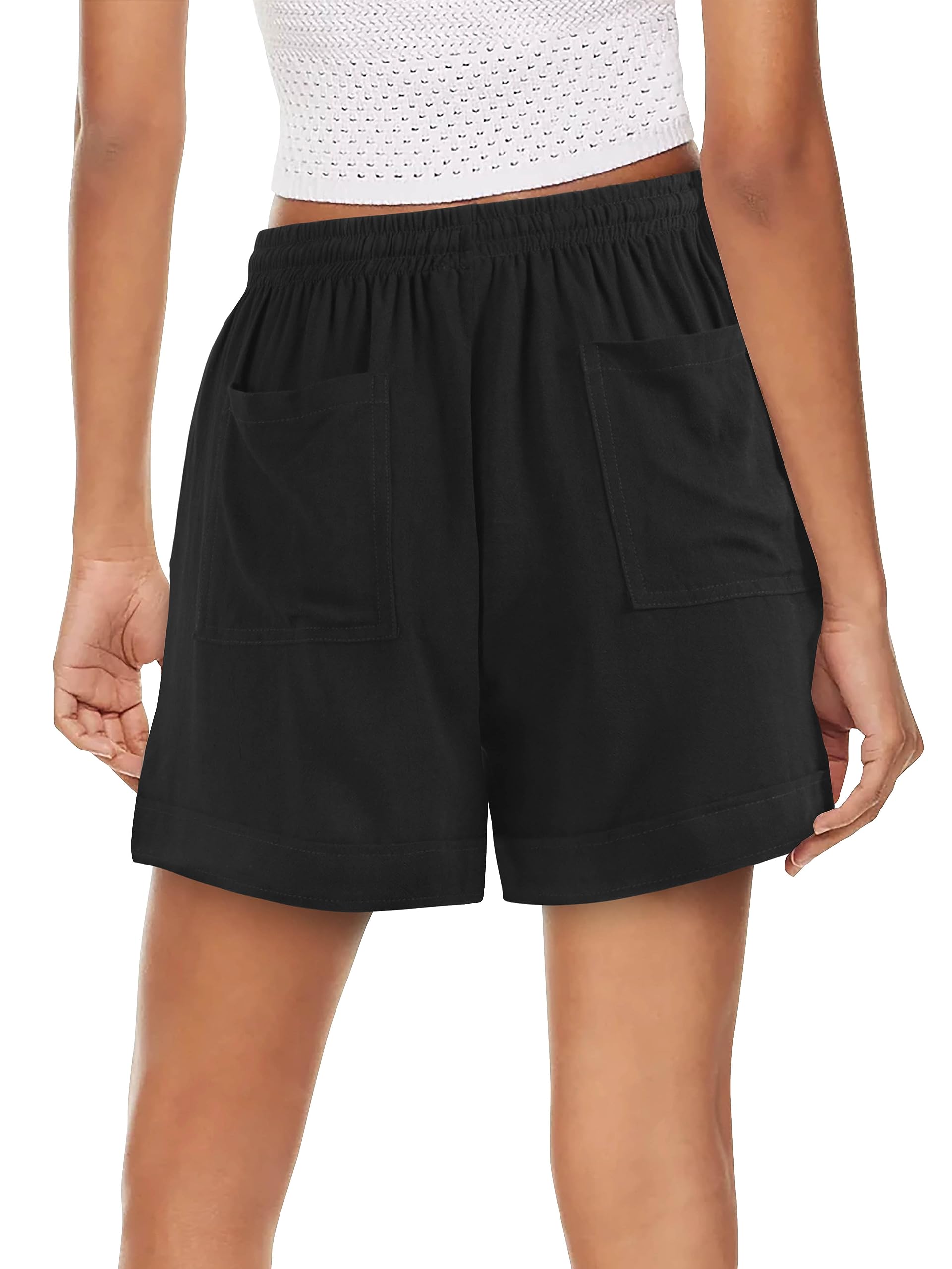 Womens Linen Shorts with Elastic Waistband Comfort Fit Skinsoft Summer Shorts (Large, 3bh05_Black)
