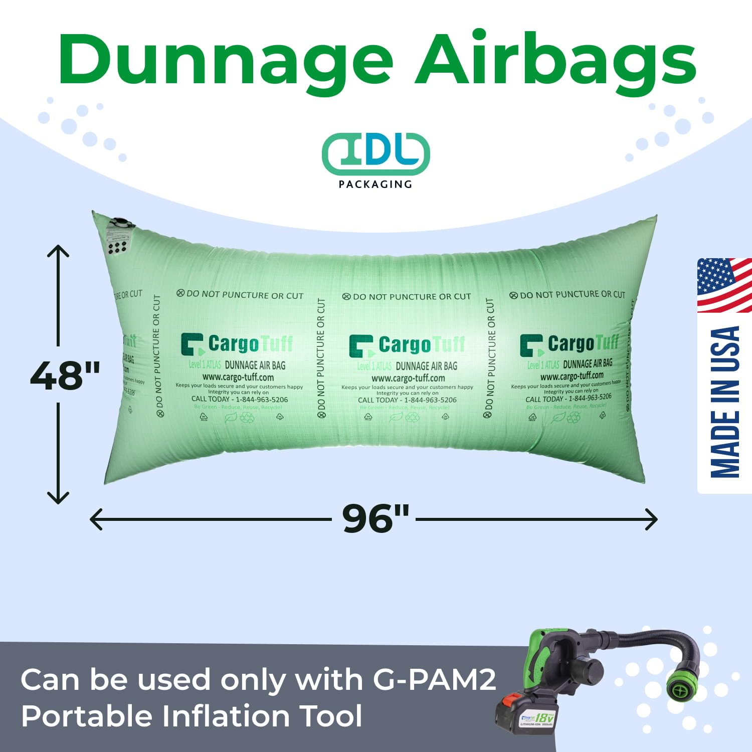 IDL Packaging 48" x 96" Dunnage Airbags, Woven Polypropylene, Level 1 - Fill The Void in Trucks and Intermodal Shipments, Reusable - Load Securement Airbags for Container Stuffing