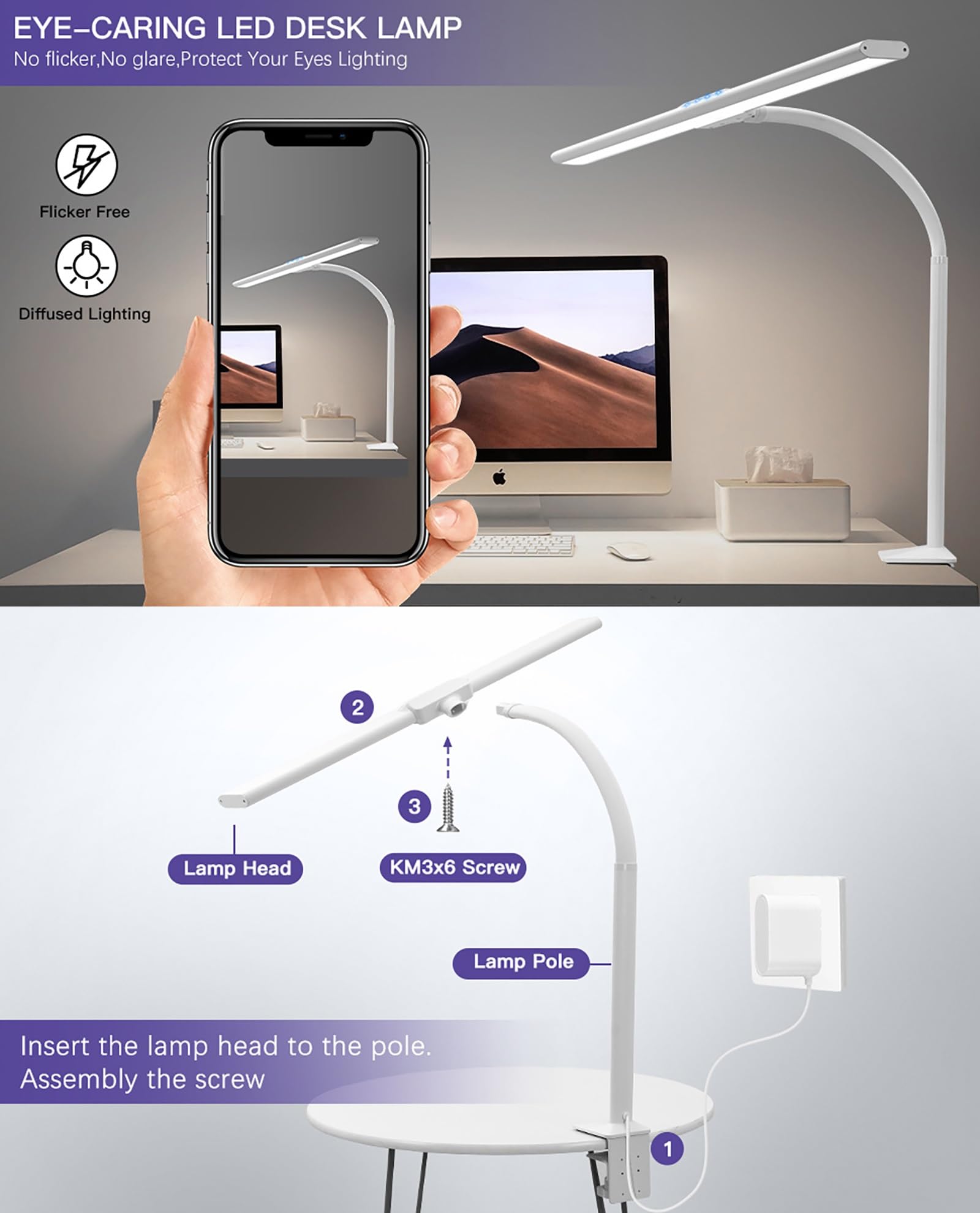24W Gooseneck Clamp Light for Home Office, 4 Color Modes Dimmable Table Lamp and Stepless Dimming, Modern Architect Desk Lamp for Studio Reading Home Study (Color : White)
