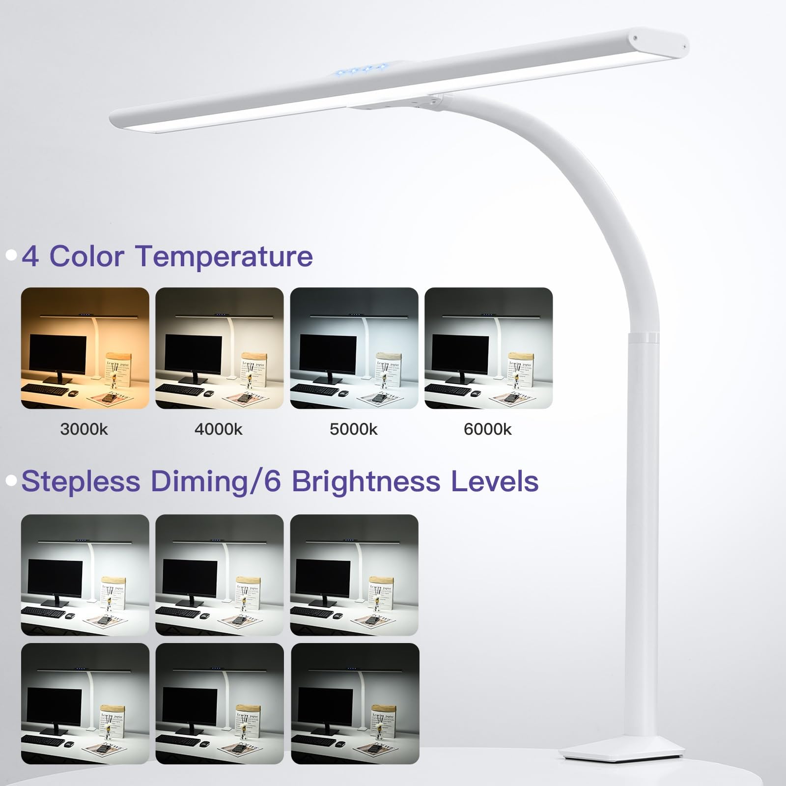 24W Gooseneck Clamp Light for Home Office, 4 Color Modes Dimmable Table Lamp and Stepless Dimming, Modern Architect Desk Lamp for Studio Reading Home Study (Color : White)